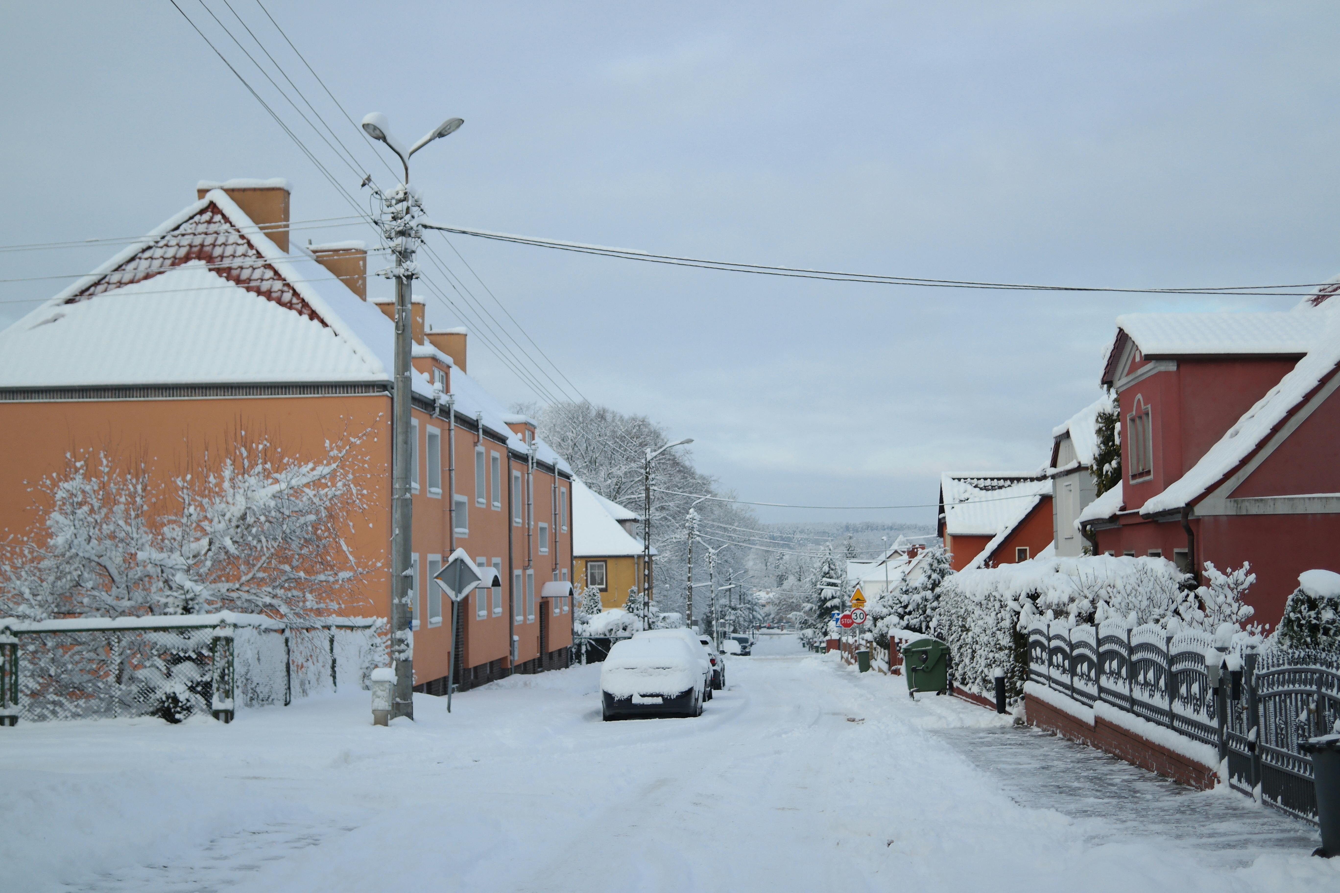 Snowy Suburban Street with Colorful Houses · Free Stock Photo