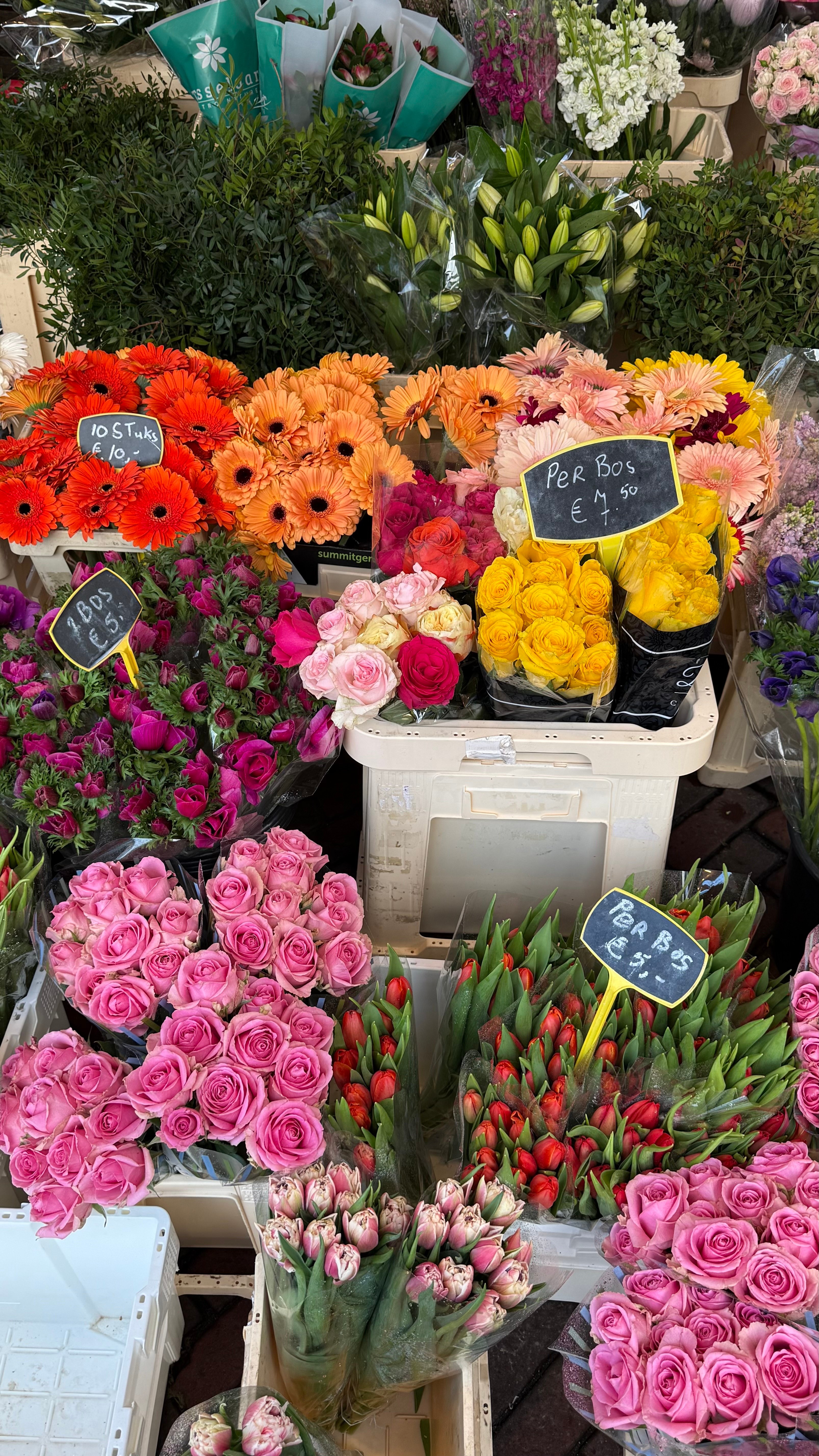Vibrant Flower Market Display with Roses and Tulips · Free Stock Photo
