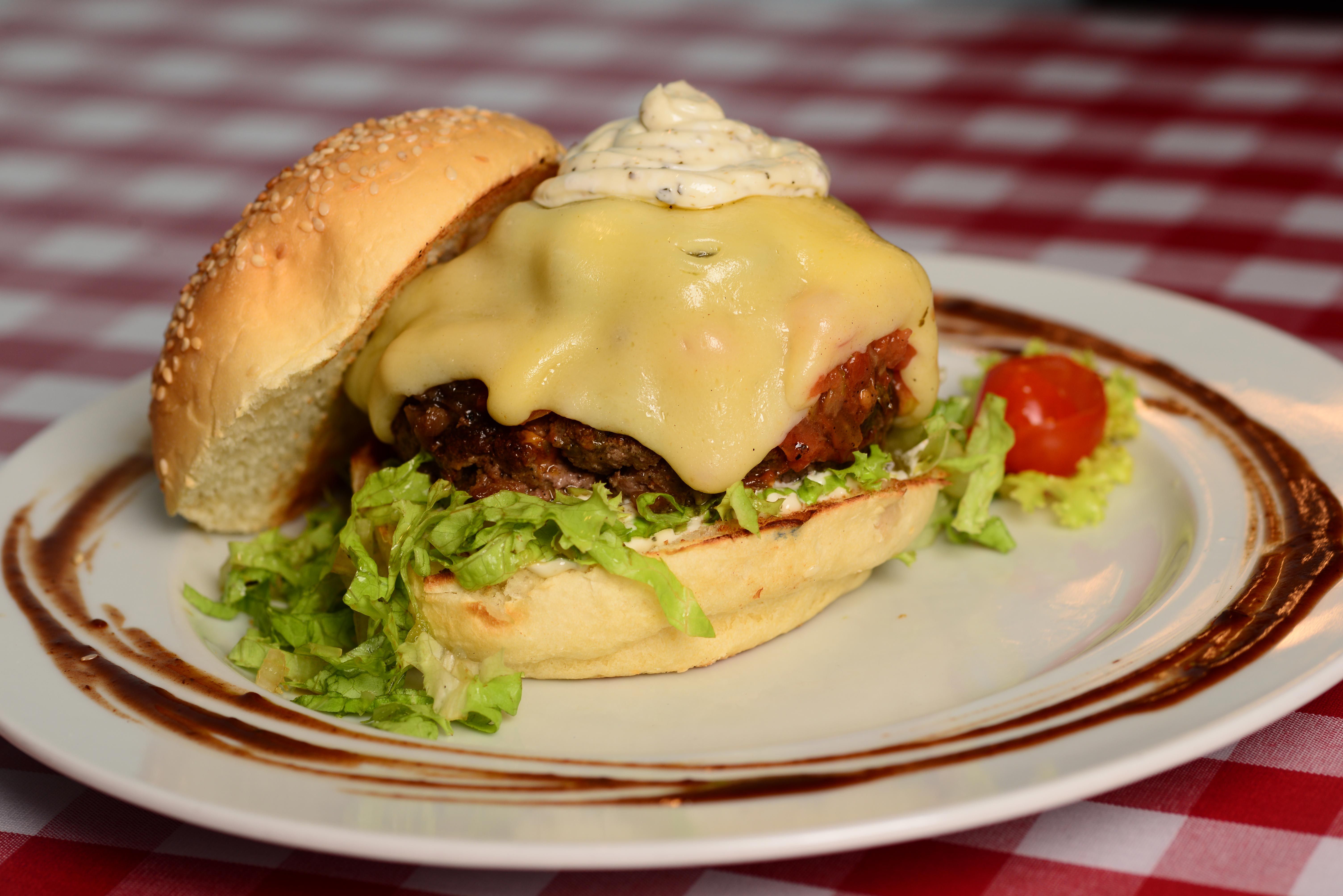 Burger on Blue Ceramic Plate · Free Stock Photo