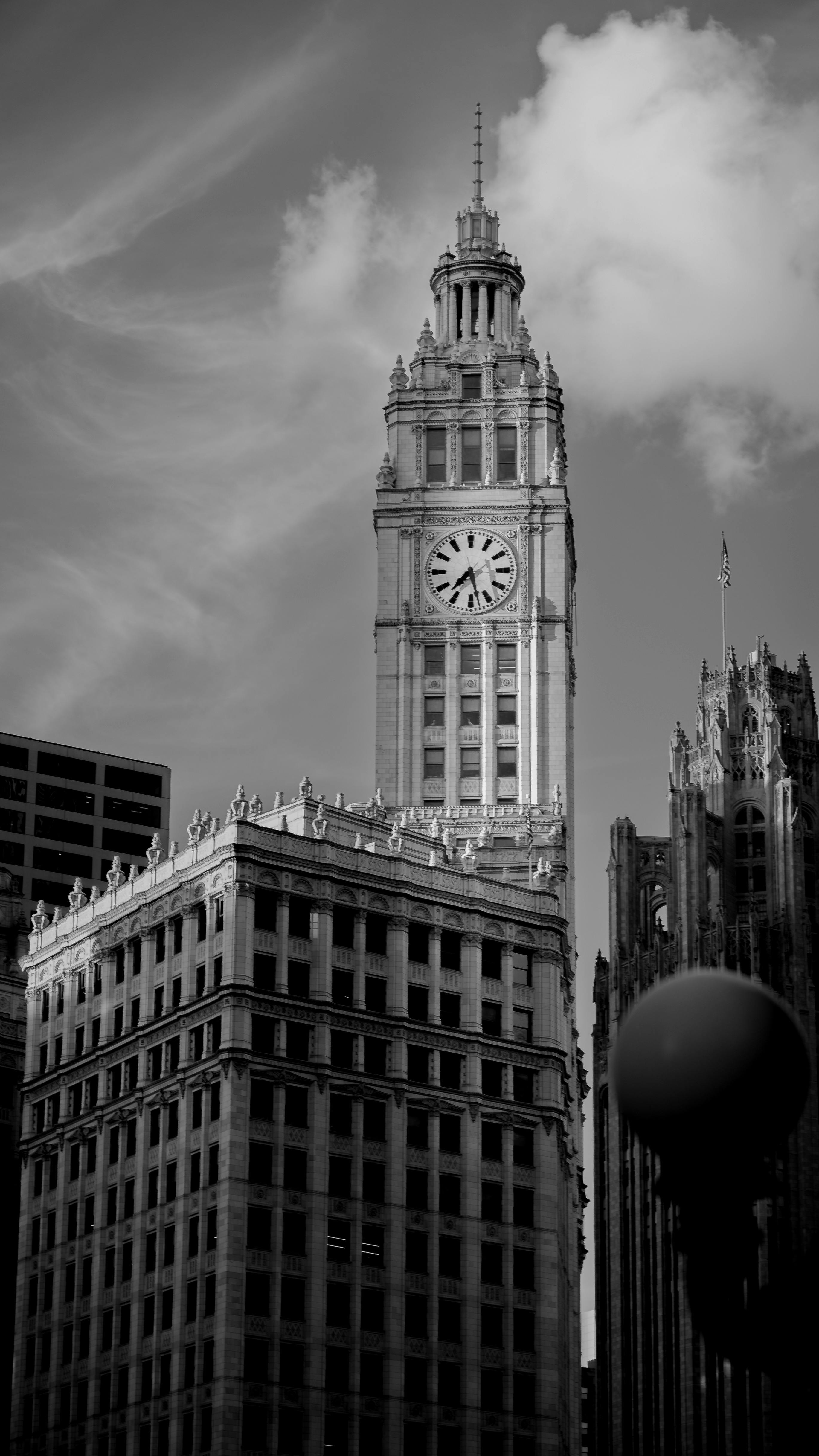 Iconic Wrigley Building Clock Tower in Black and White · Free Stock Photo