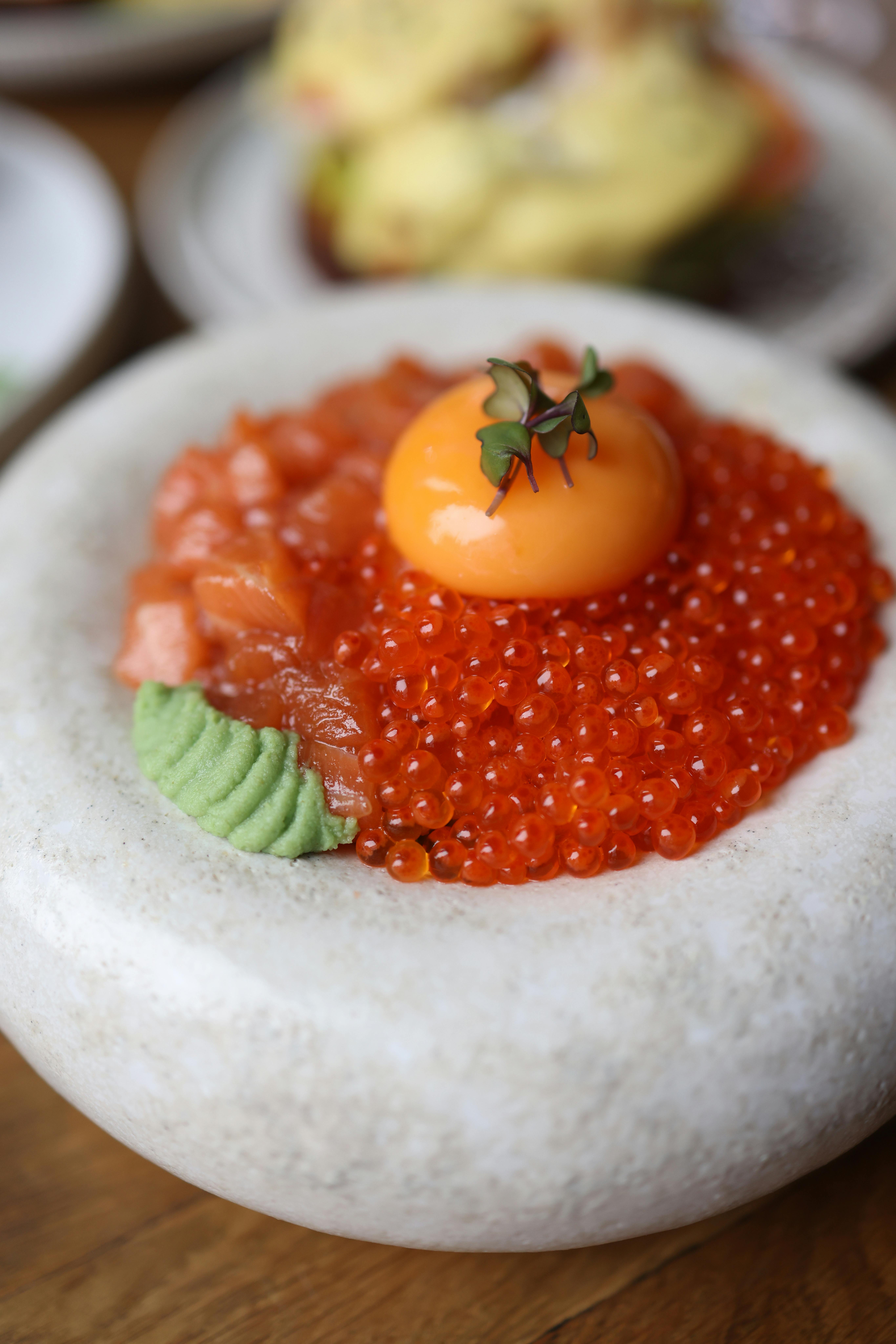Delicious Salmon Roe Dish with Wasabi and Egg Yolk · Free Stock Photo