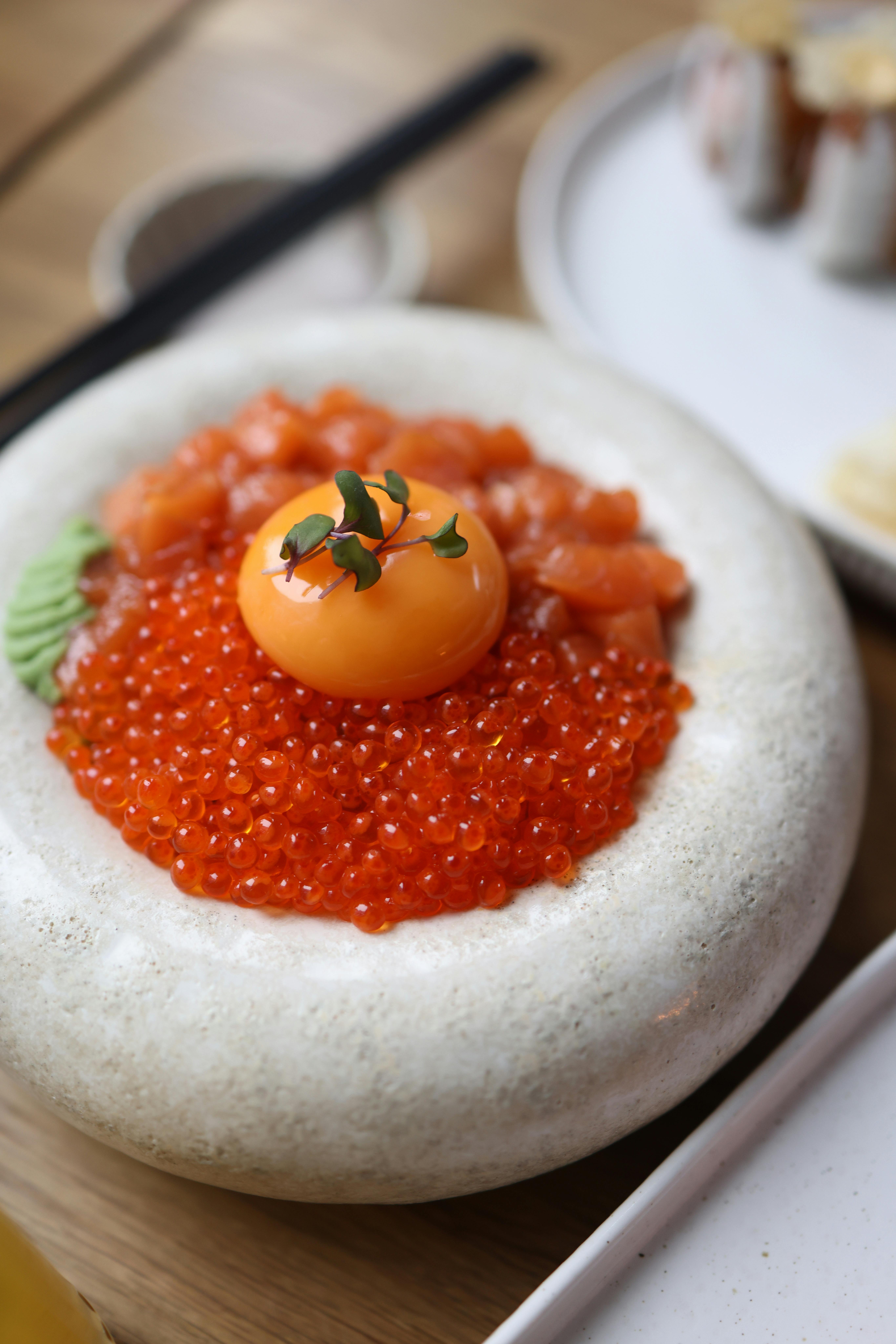 Fresh Salmon Roe and Egg Appetizer on Stone Plate · Free Stock Photo