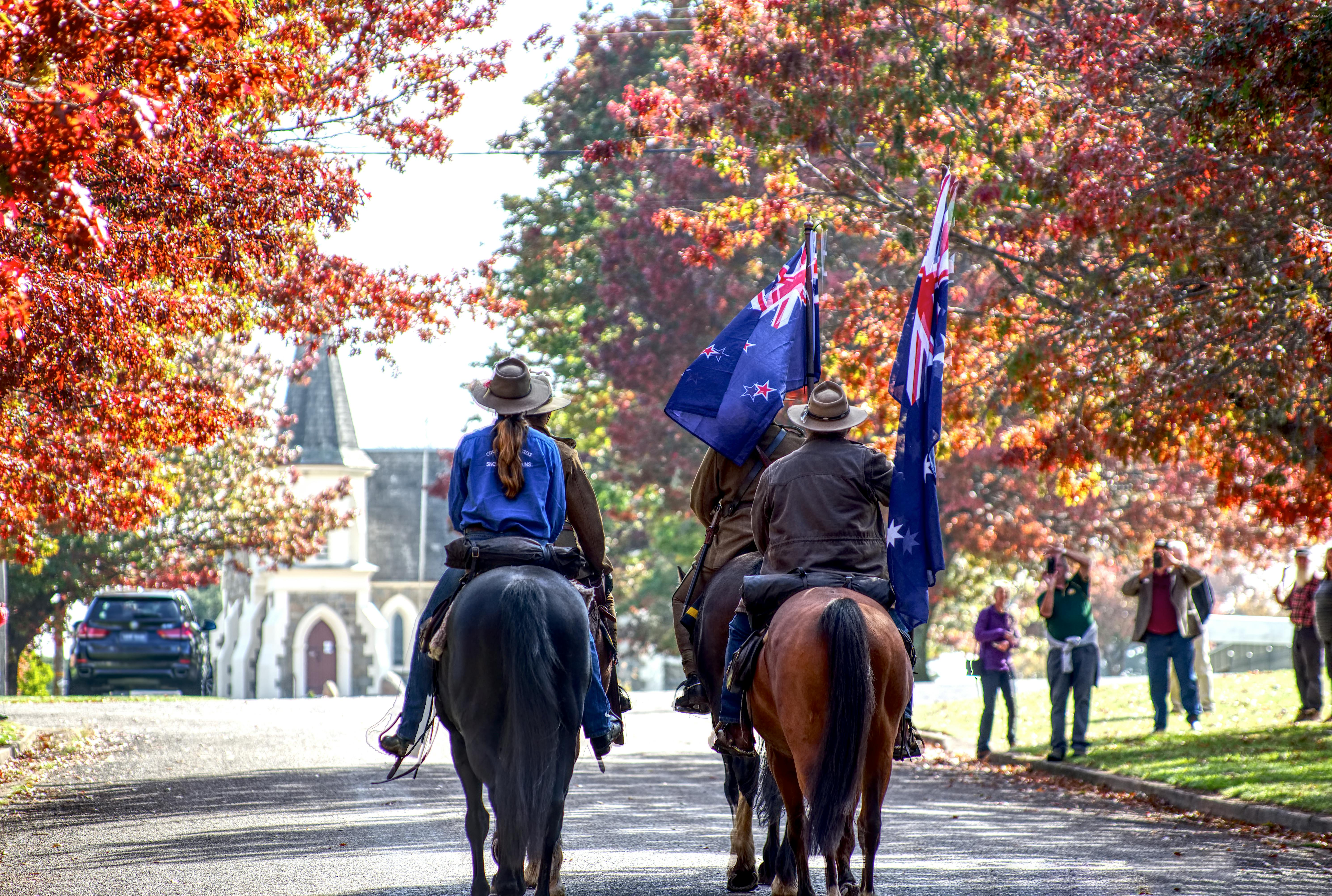 Autumn Horseback Parade with Flags on City Street · Free Stock Photo