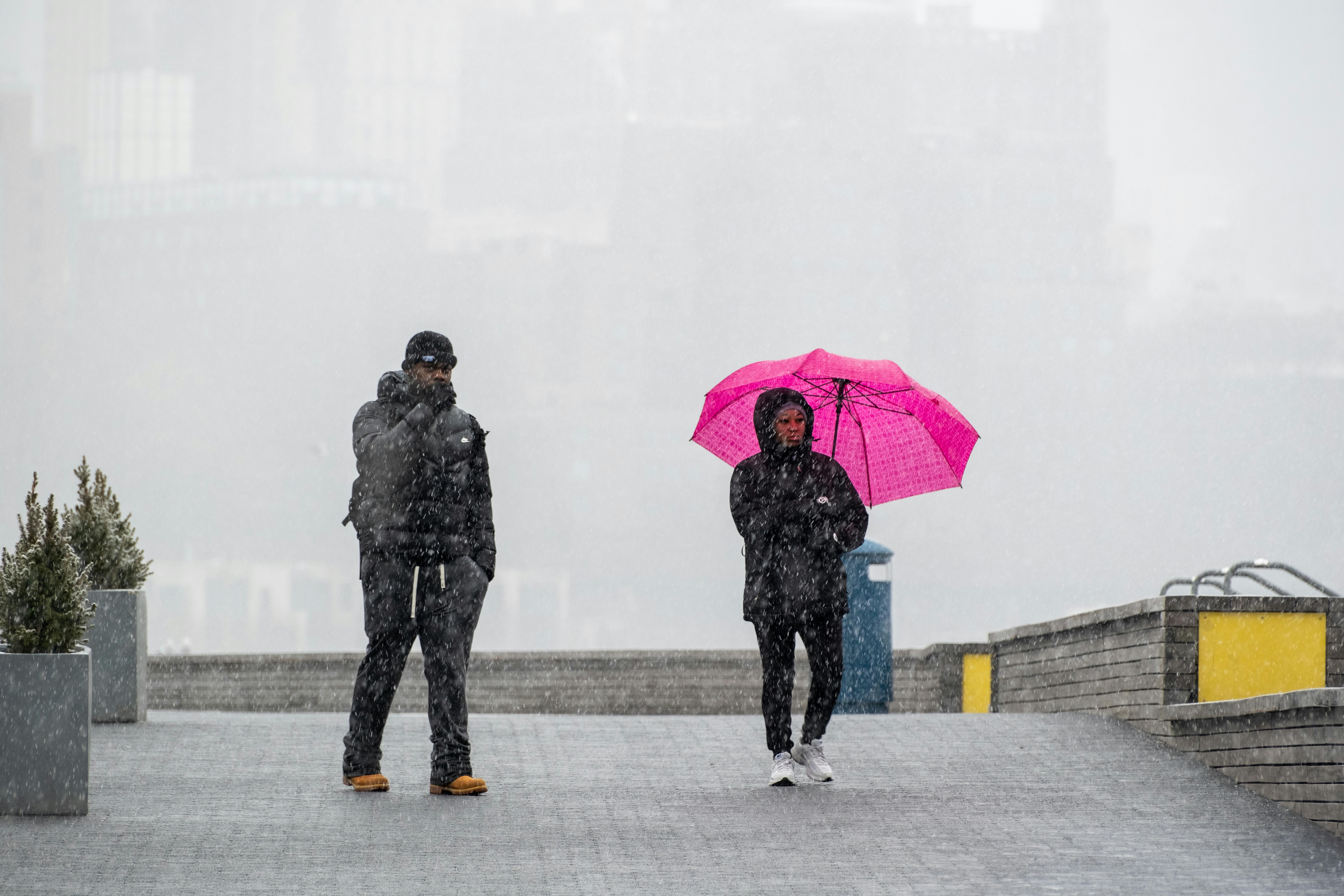 Urban Winter Walk with Pink Umbrella in Snowstorm · Free Stock Photo