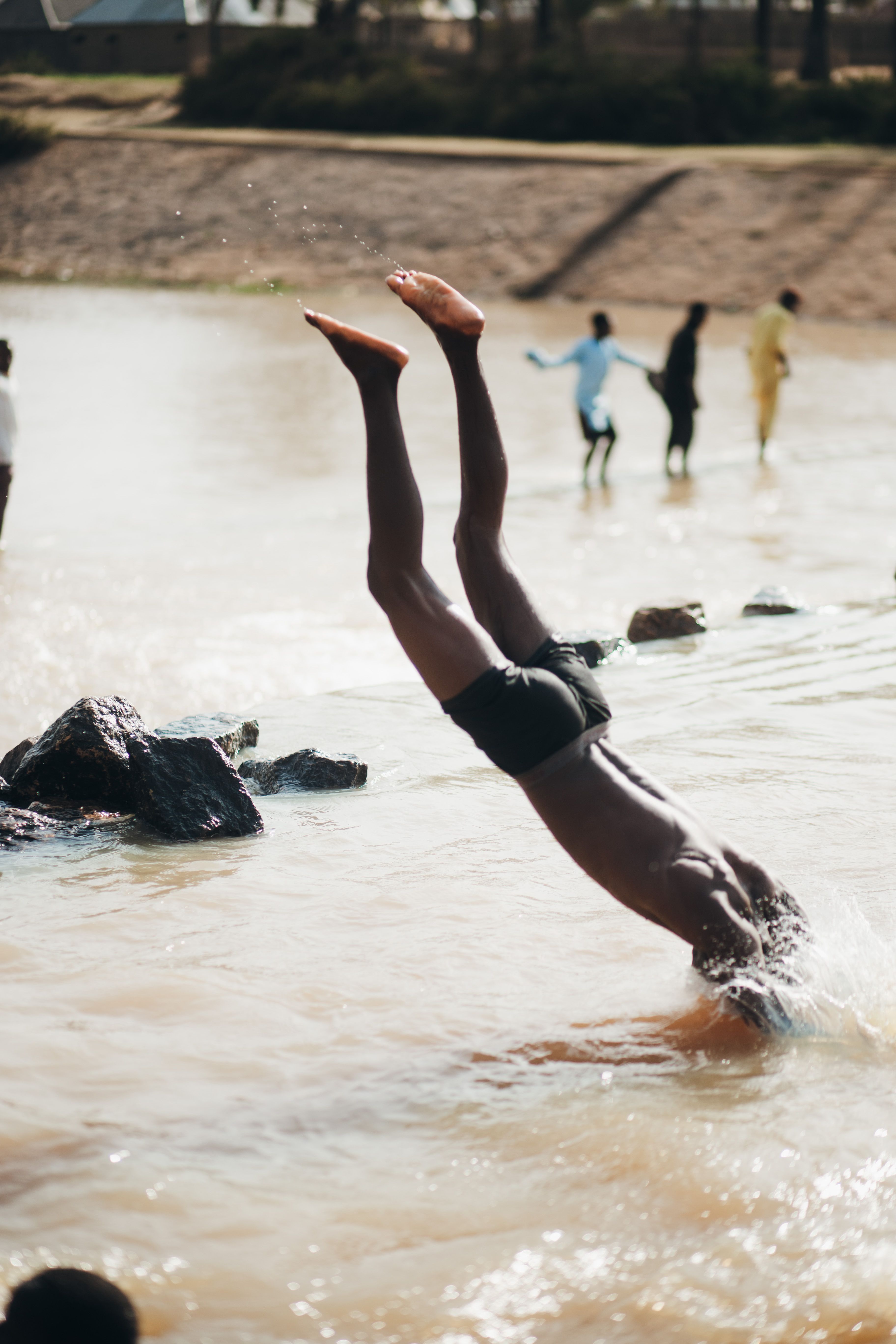 Man diving into a river with friends nearby · Free Stock Photo