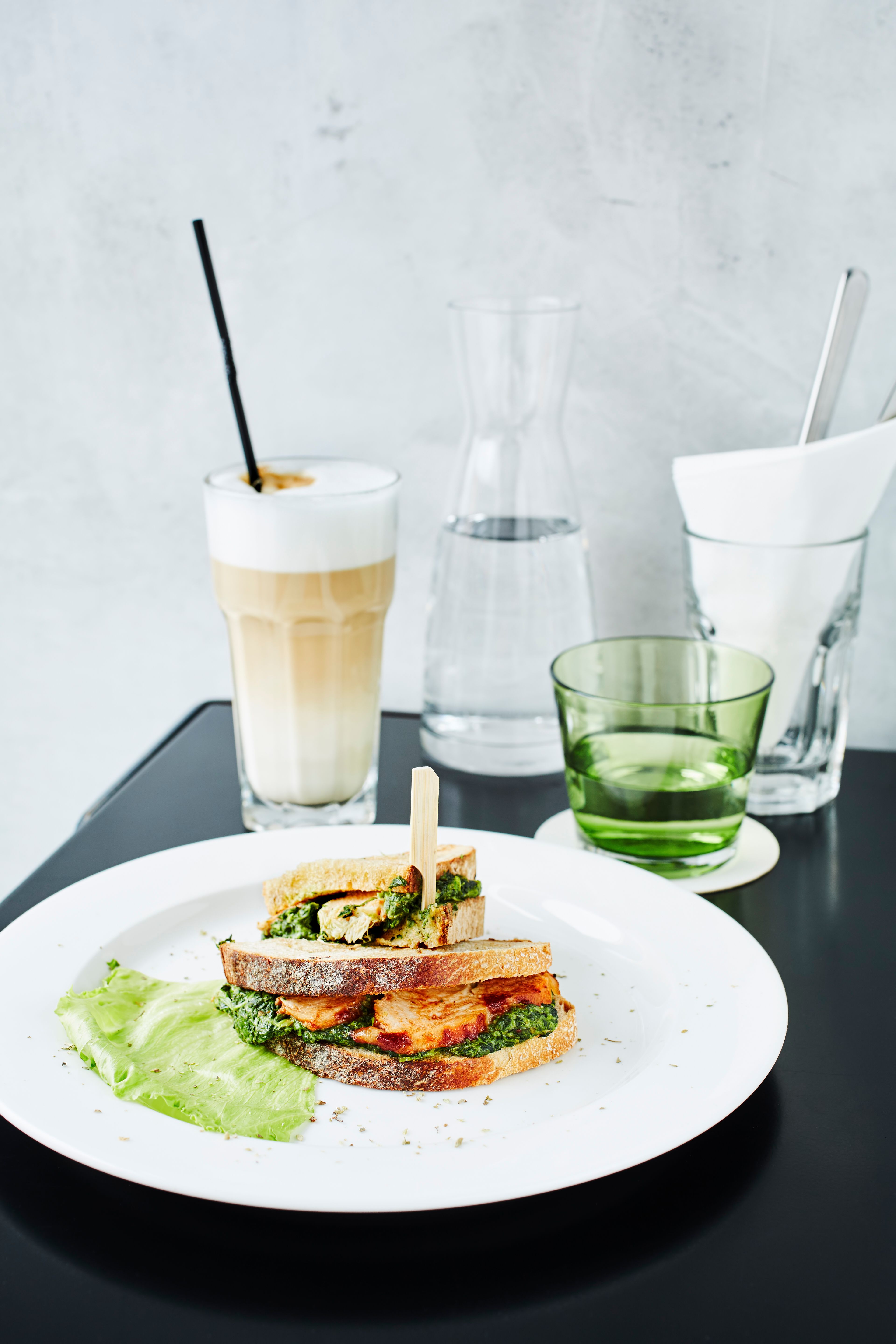 Healthy Lunch with Sandwich and Latte on Table · Free Stock Photo
