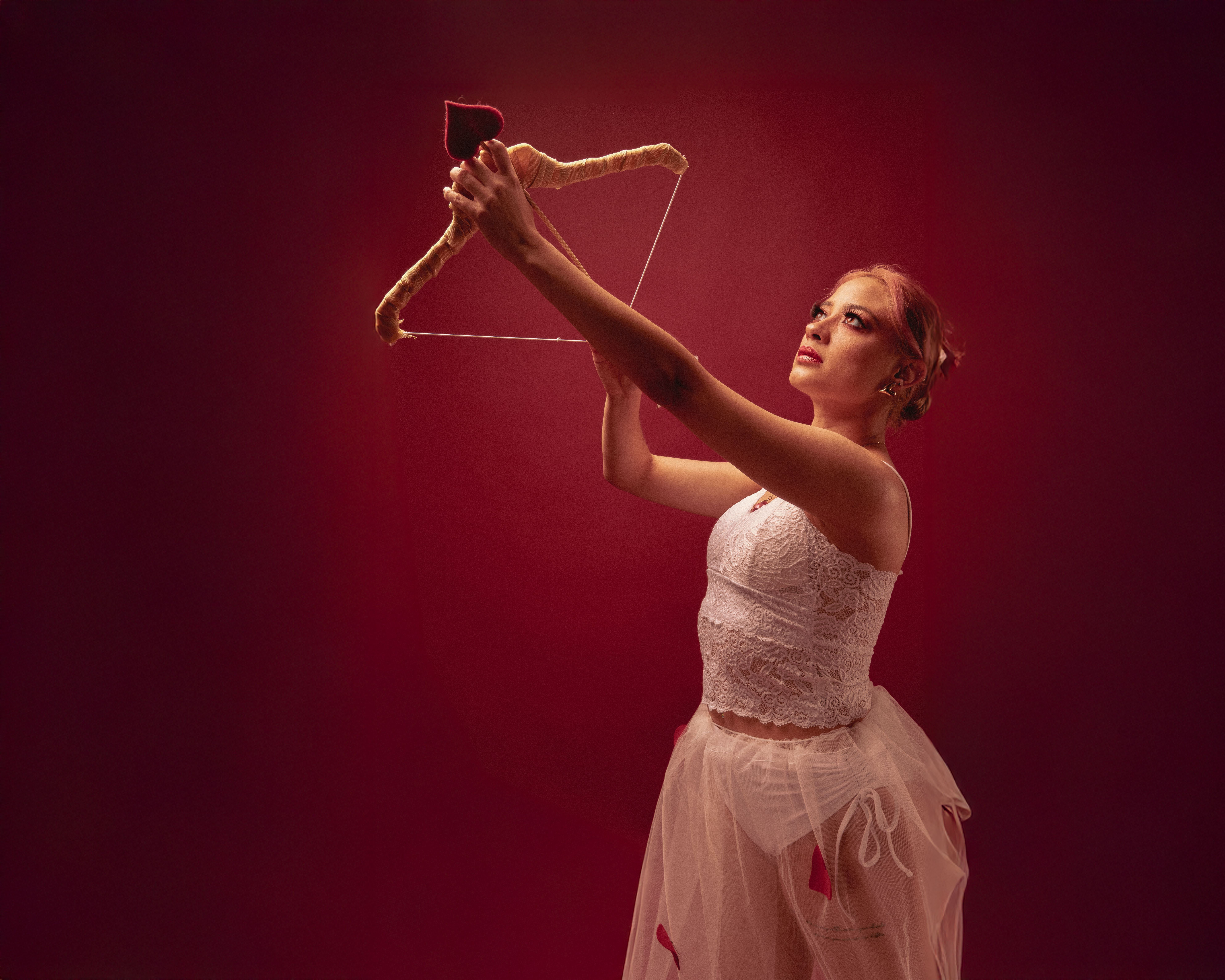 Elegant Female Archer with Bow and Arrow on Red Background · Free Stock ...