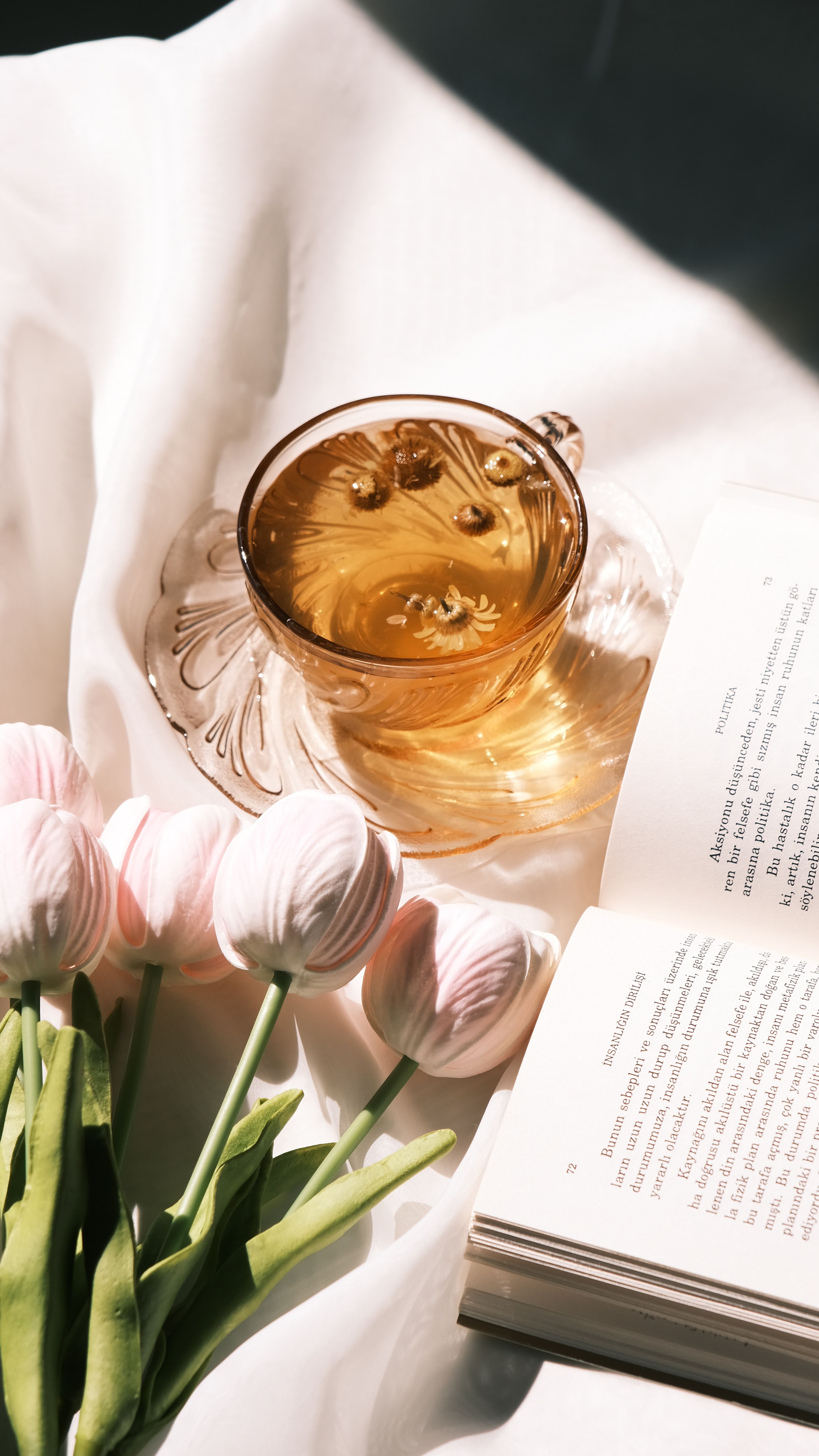 Cozy Tea Time with Book and Tulips · Free Stock Photo