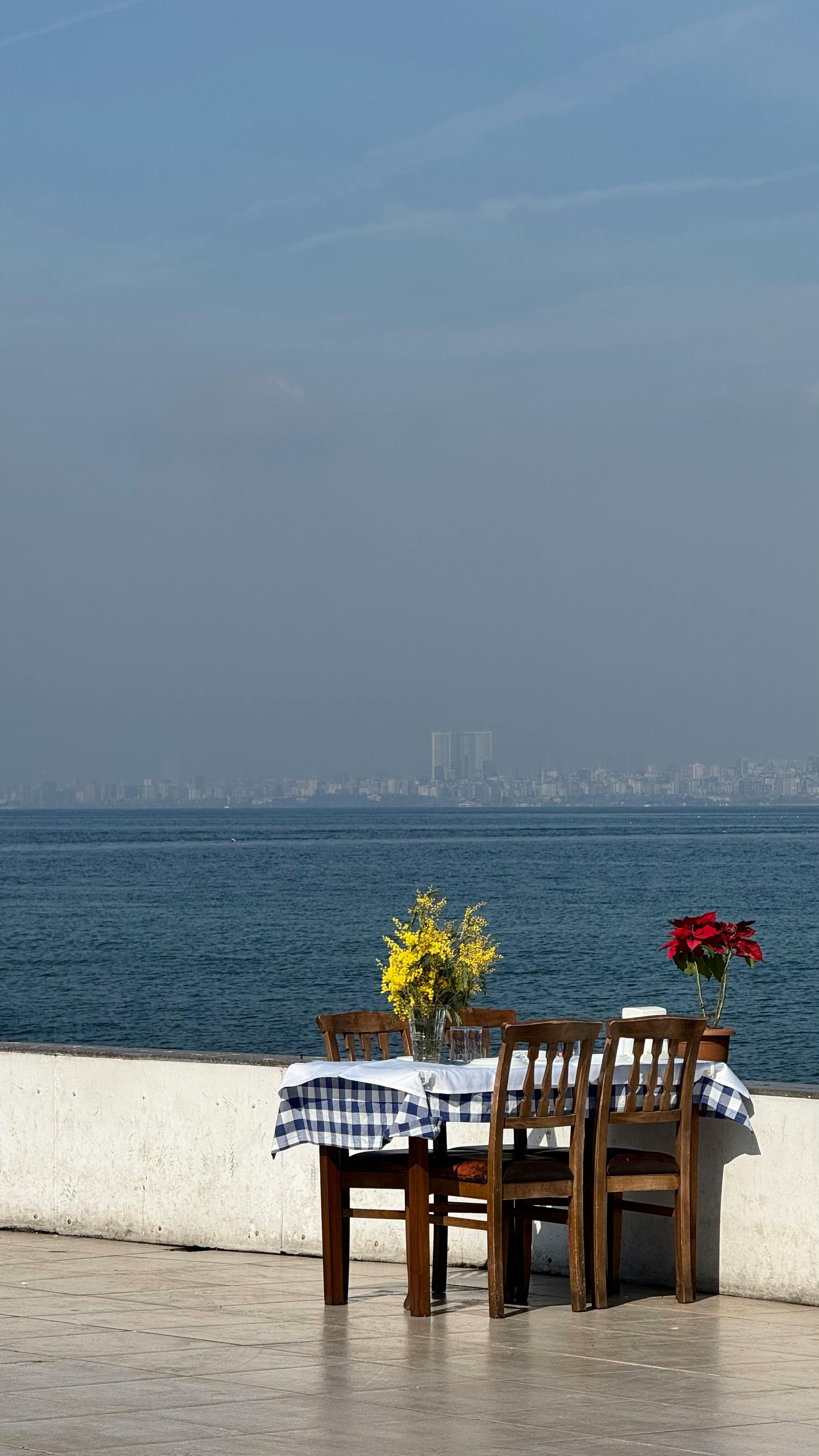 Oceanfront Dining Table with City Skyline View · Free Stock Photo