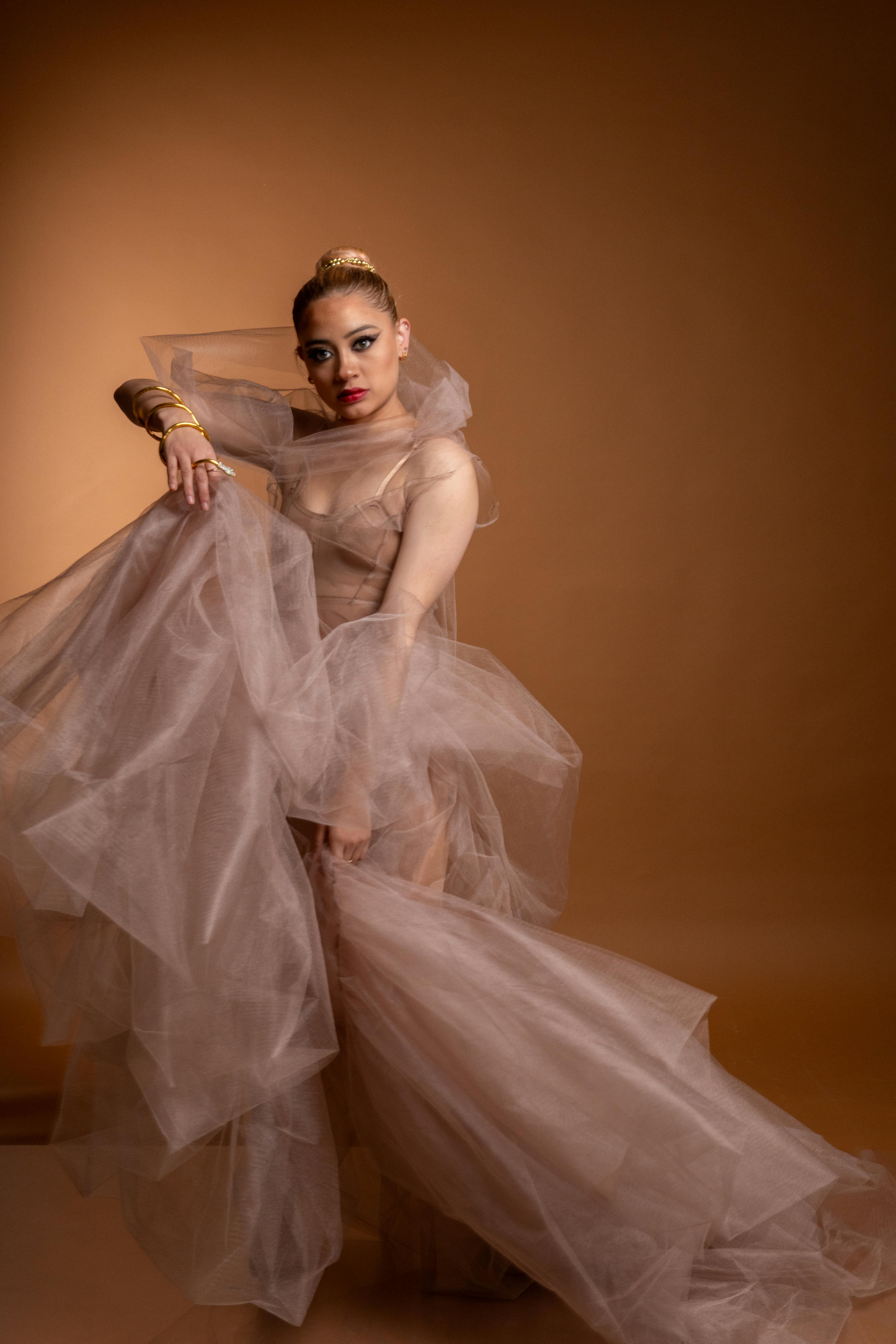 Elegant Ballet Dancer Posing in Transparent Mocha Dress · Free Stock Photo