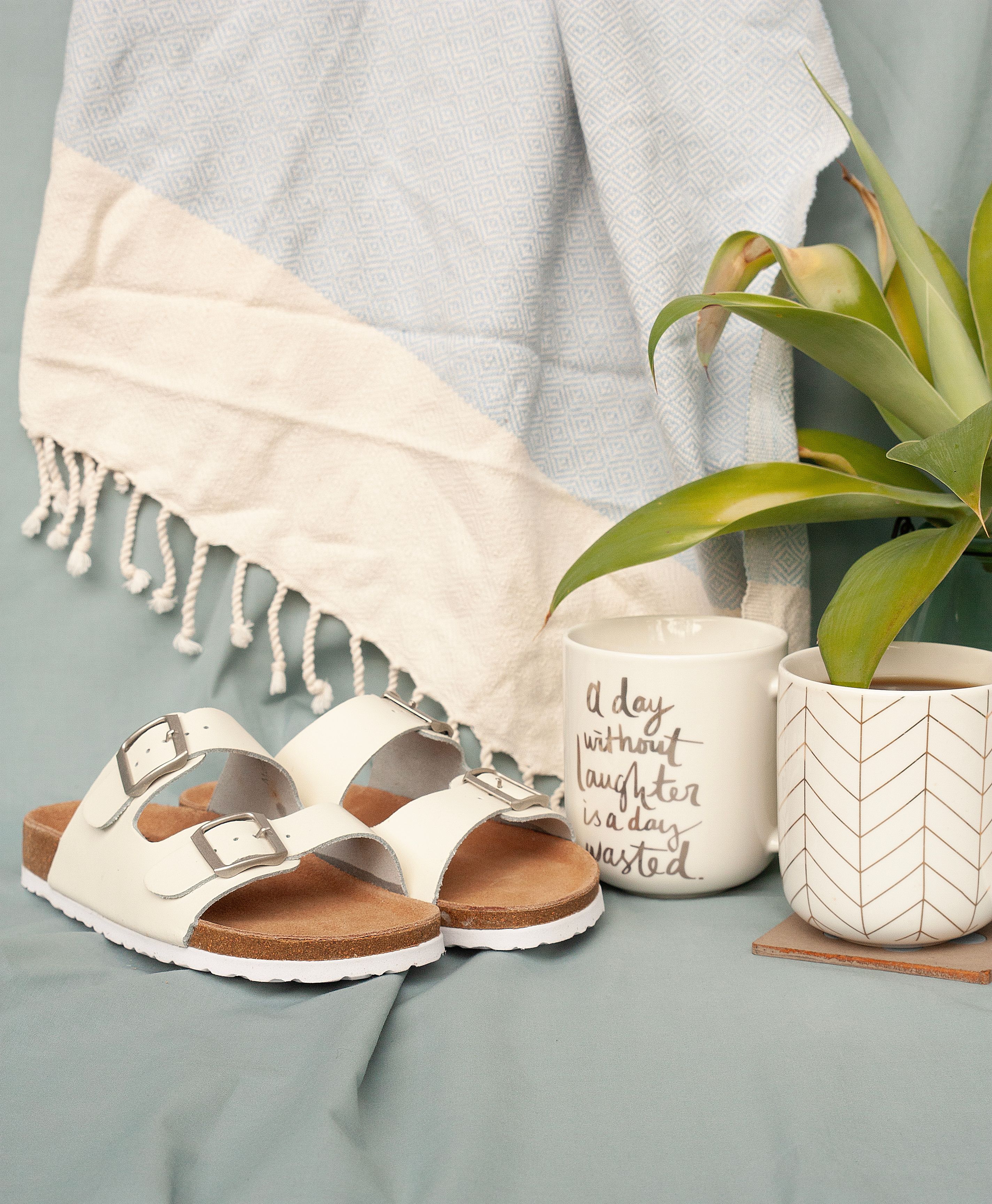 Cozy Lifestyle Setup with Sandals and Coffee Mugs · Free Stock Photo