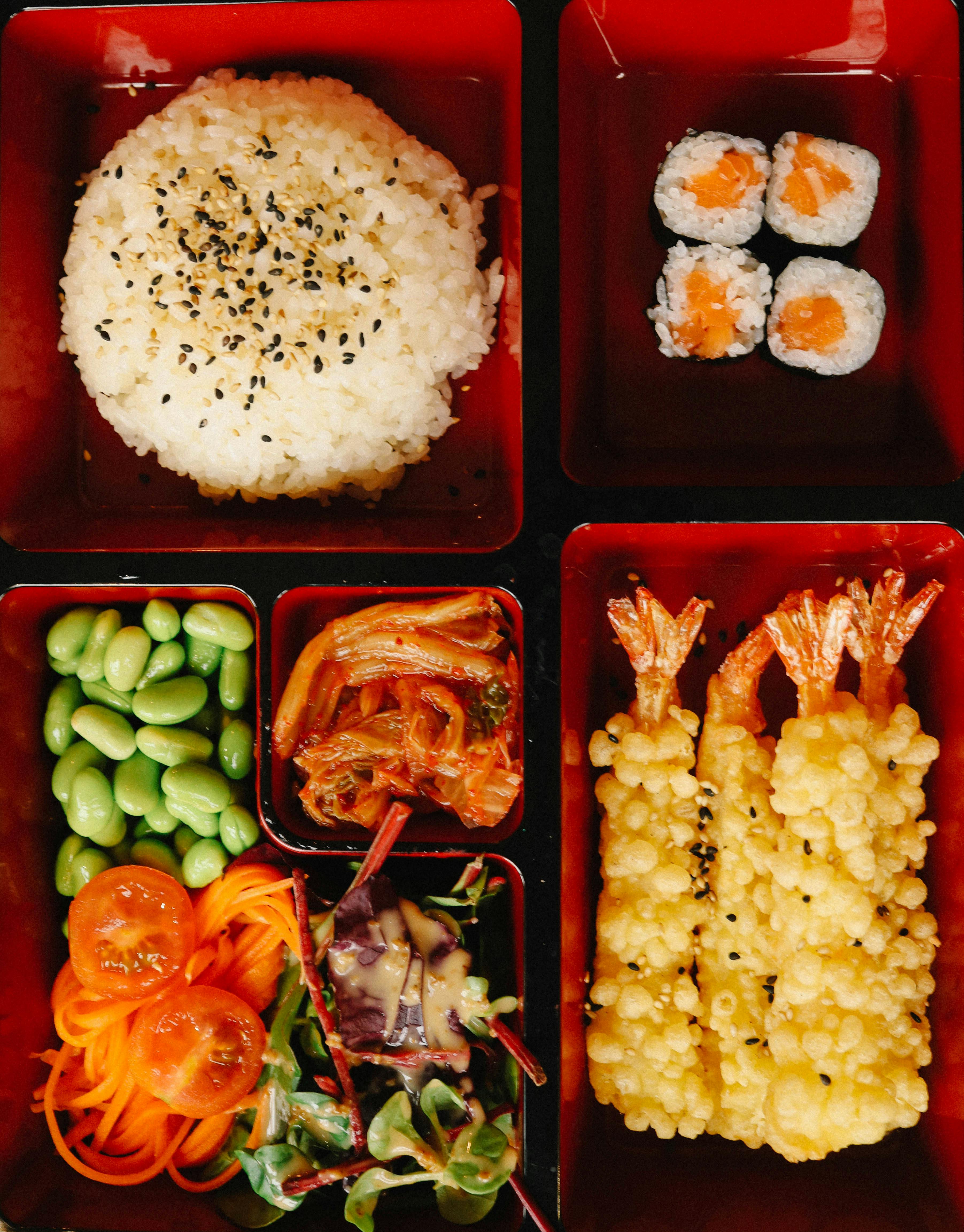 Ebi Tempura Bento on Brown Wooden Table · Free Stock Photo