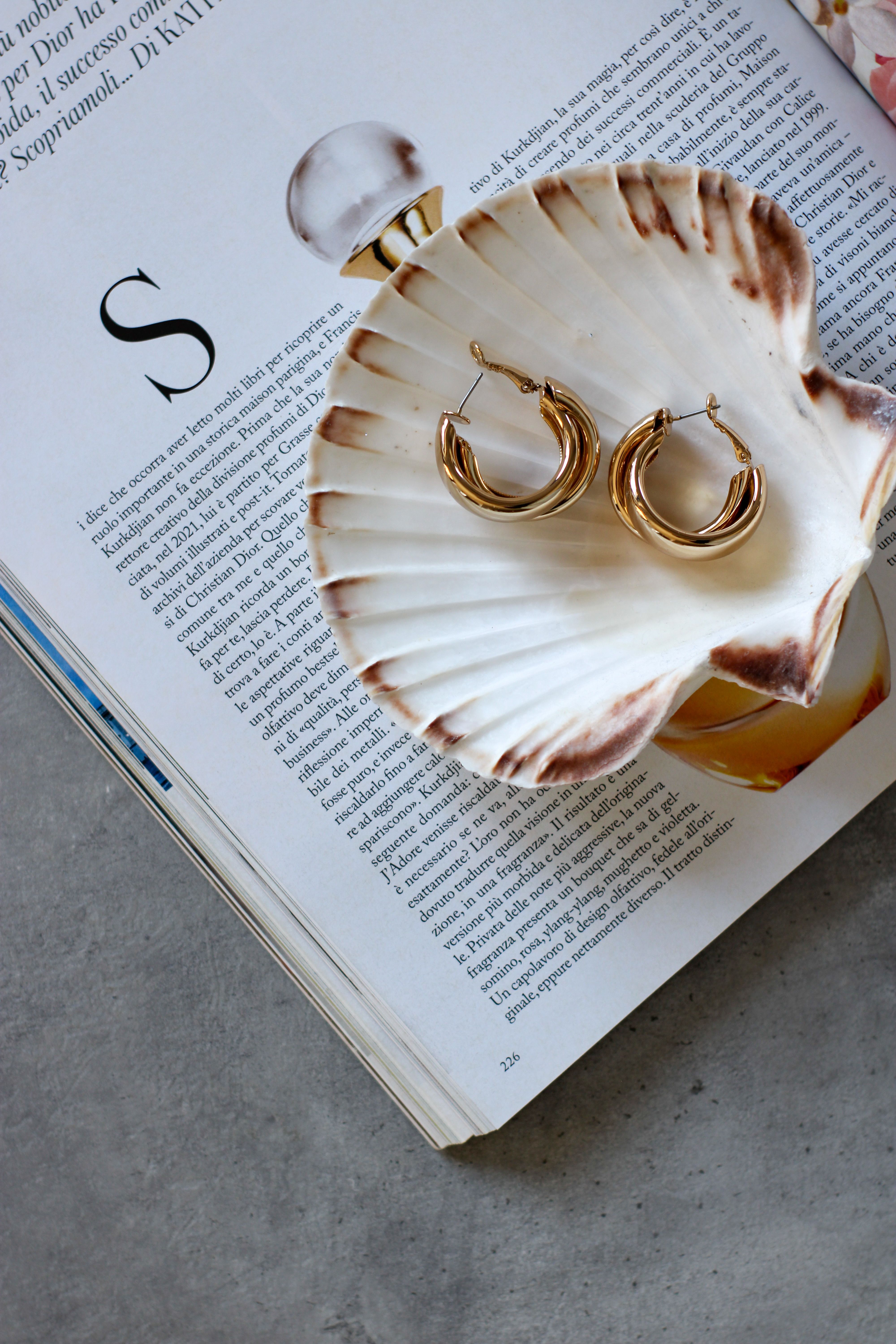 Elegant Gold Hoop Earrings on Seashell Dish · Free Stock Photo