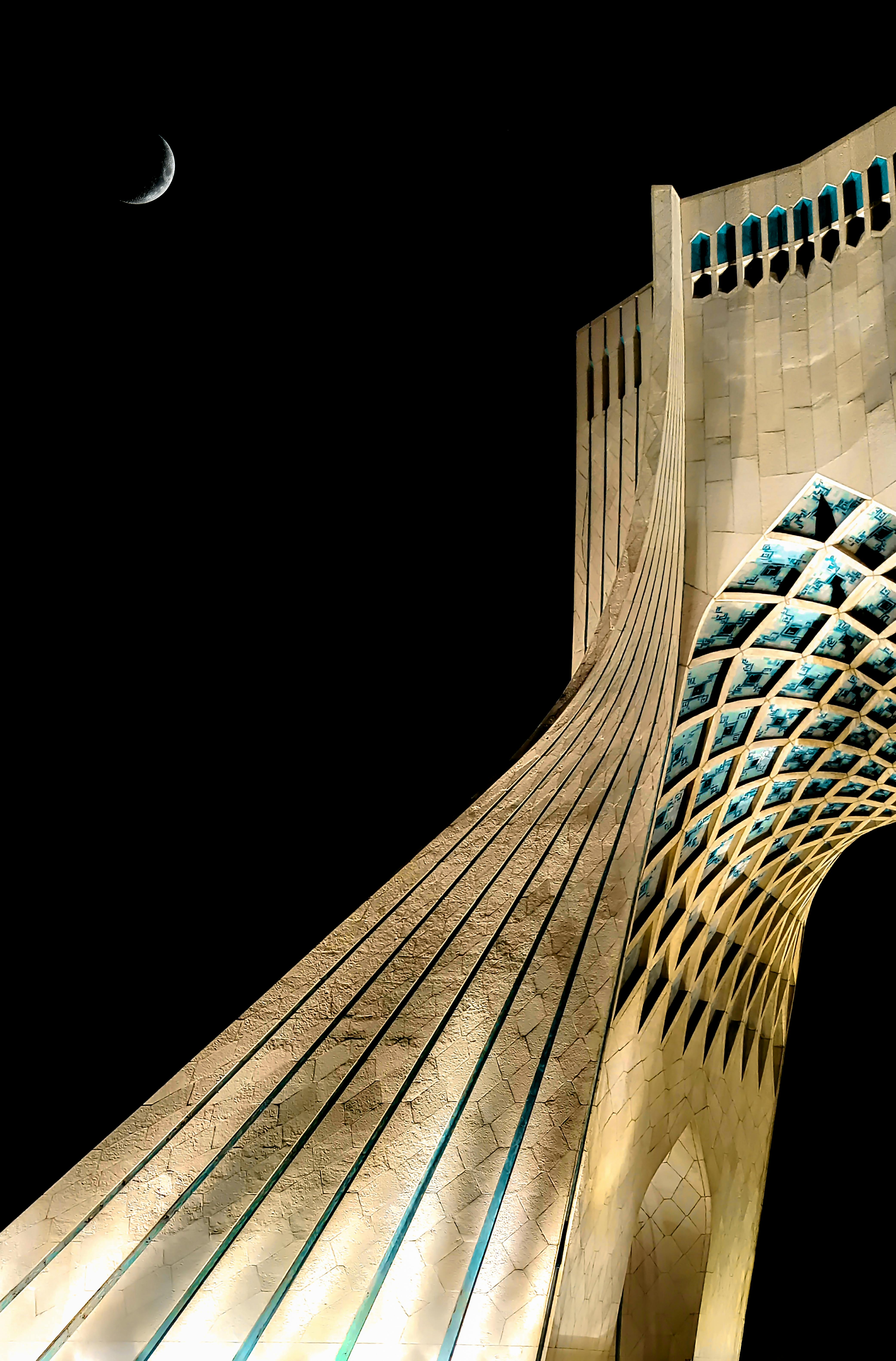 Azadi Tower at Night with Crescent Moon in Tehran · Free Stock Photo