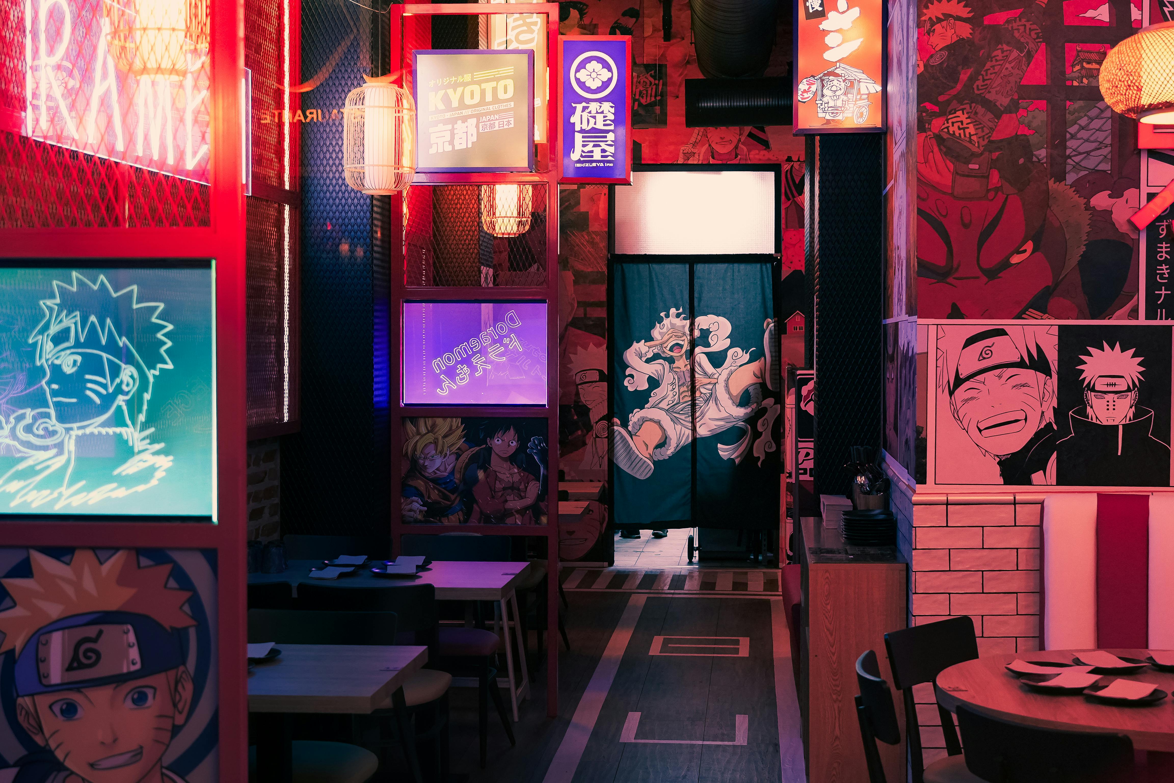 Neon-Lit Tokyo Anime Restaurant Interior · Free Stock Photo