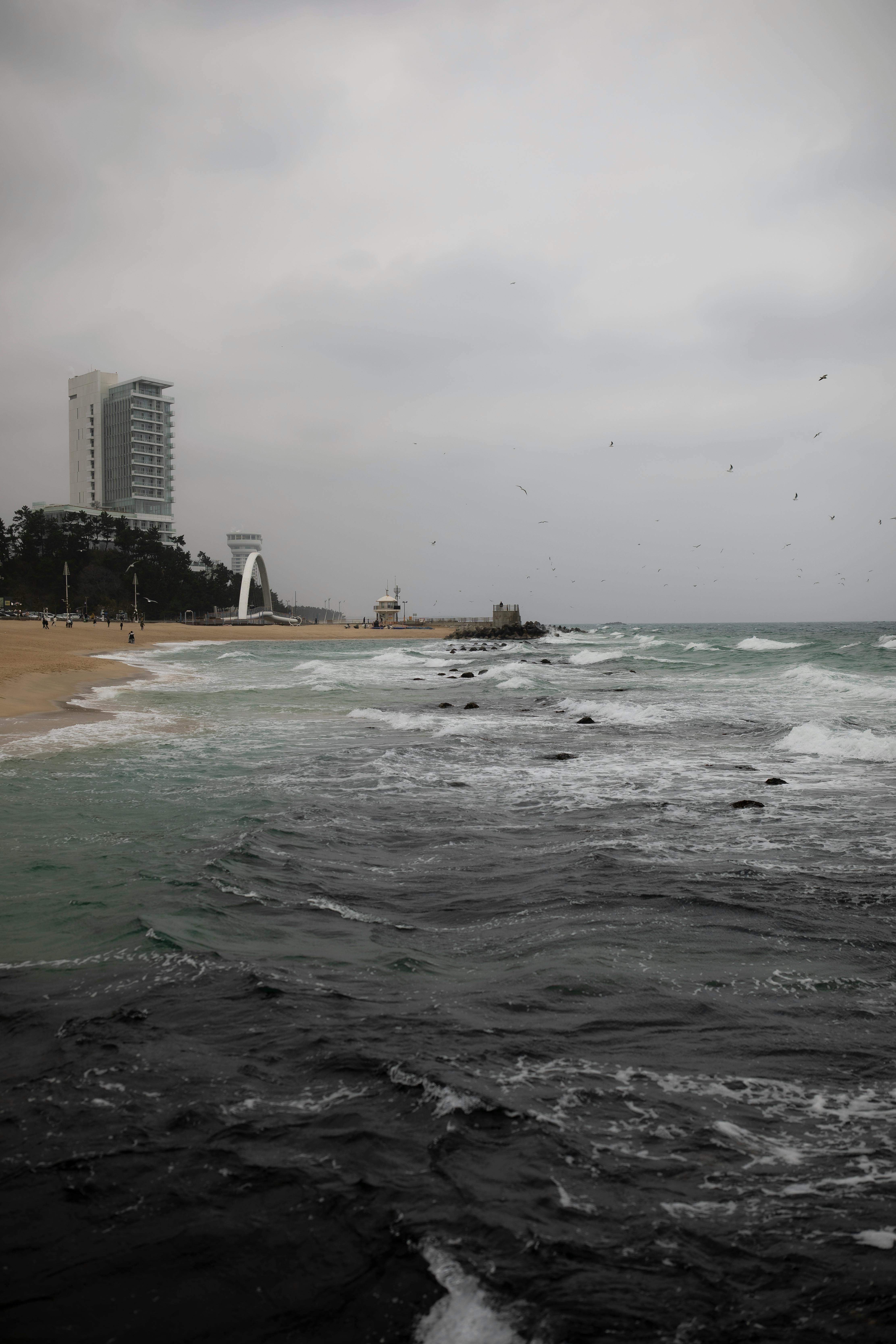 Overcast Beach Scene with Modern Architecture · Free Stock Photo