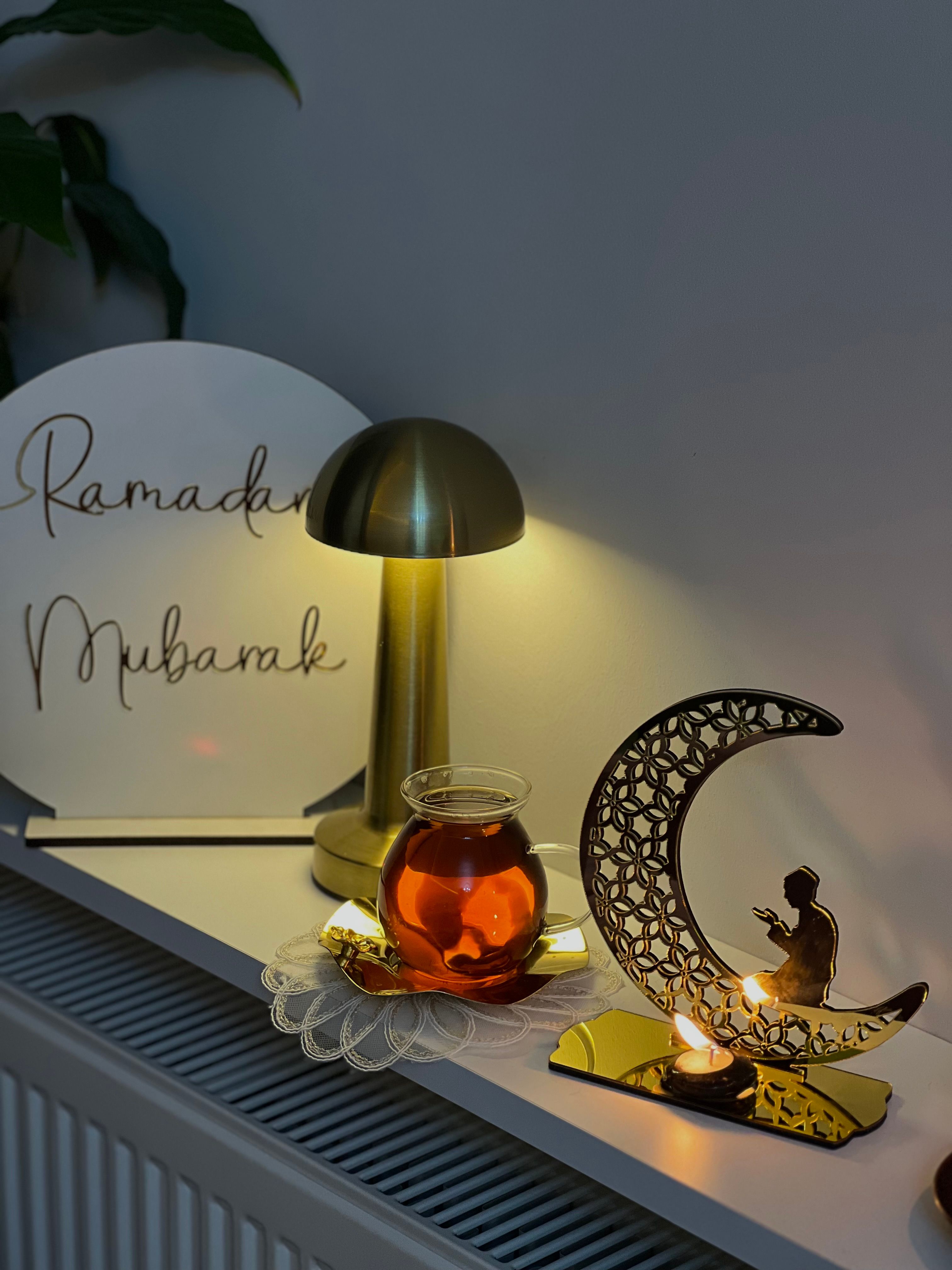 Elegant Ramadan Mubarak Decor with Tea and Candle · Free Stock Photo