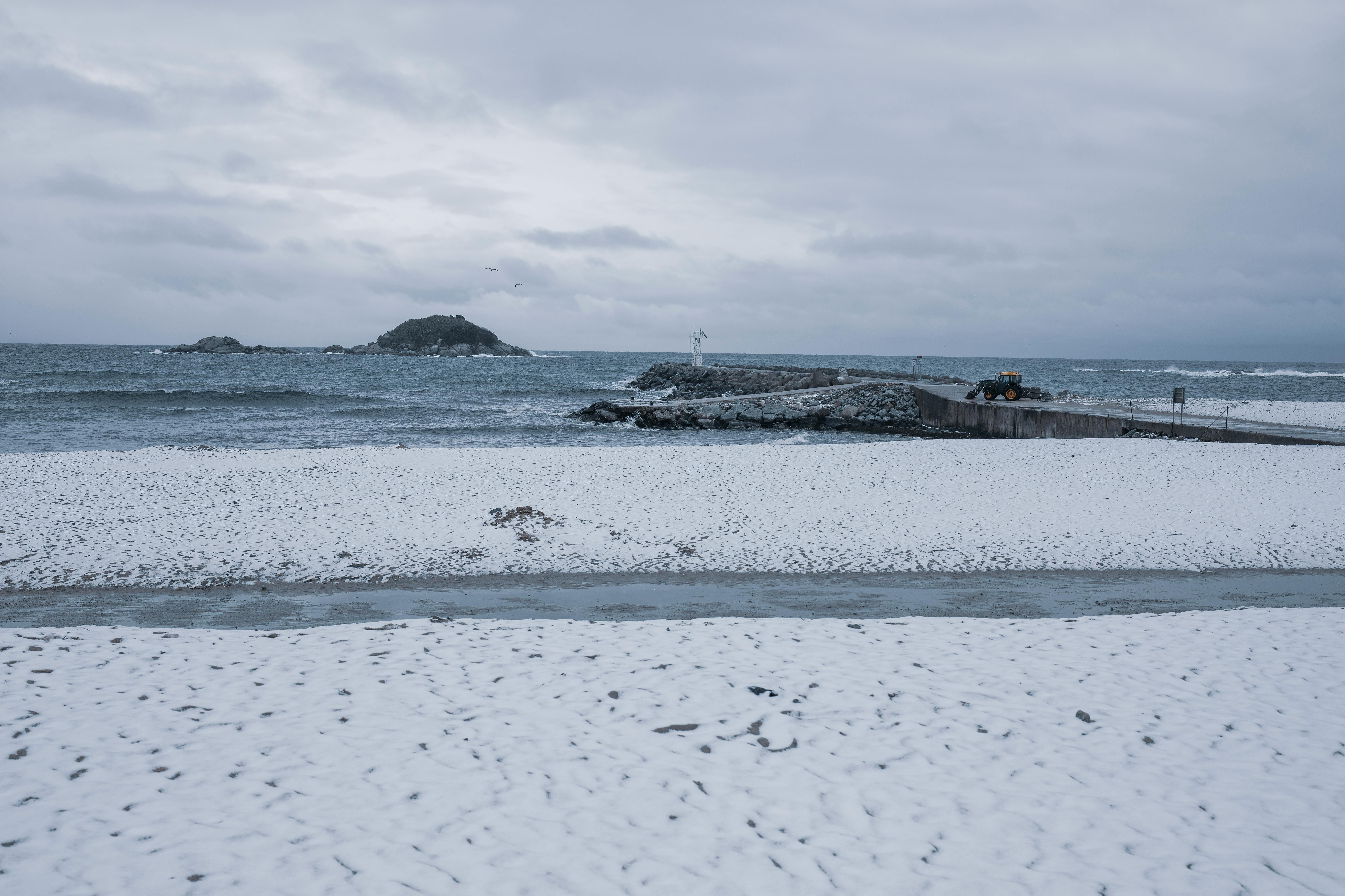 Snowy Beach with Ocean View and Jetty · Free Stock Photo