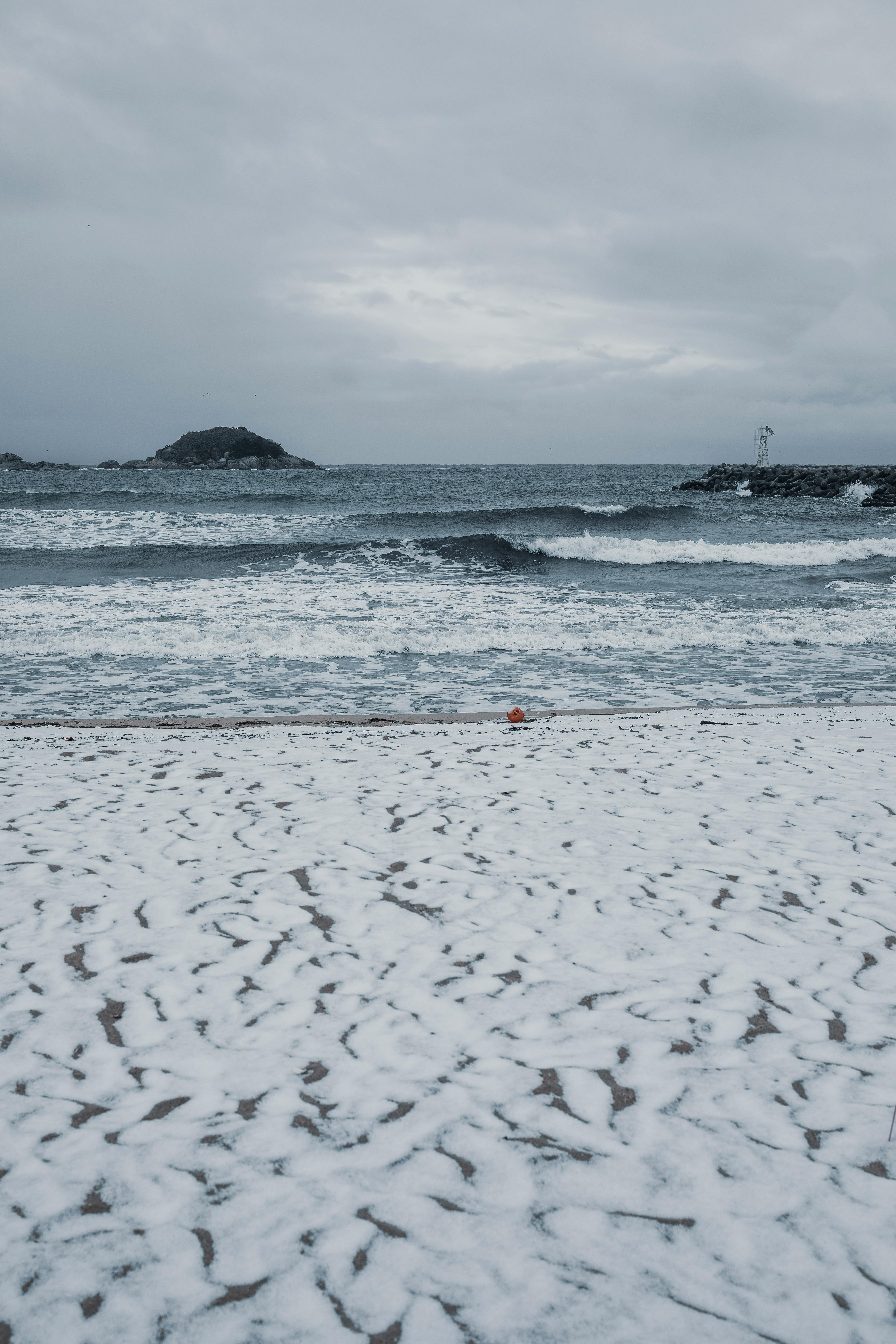 Snow-Covered Beach in Winter with Rolling Waves · Free Stock Photo