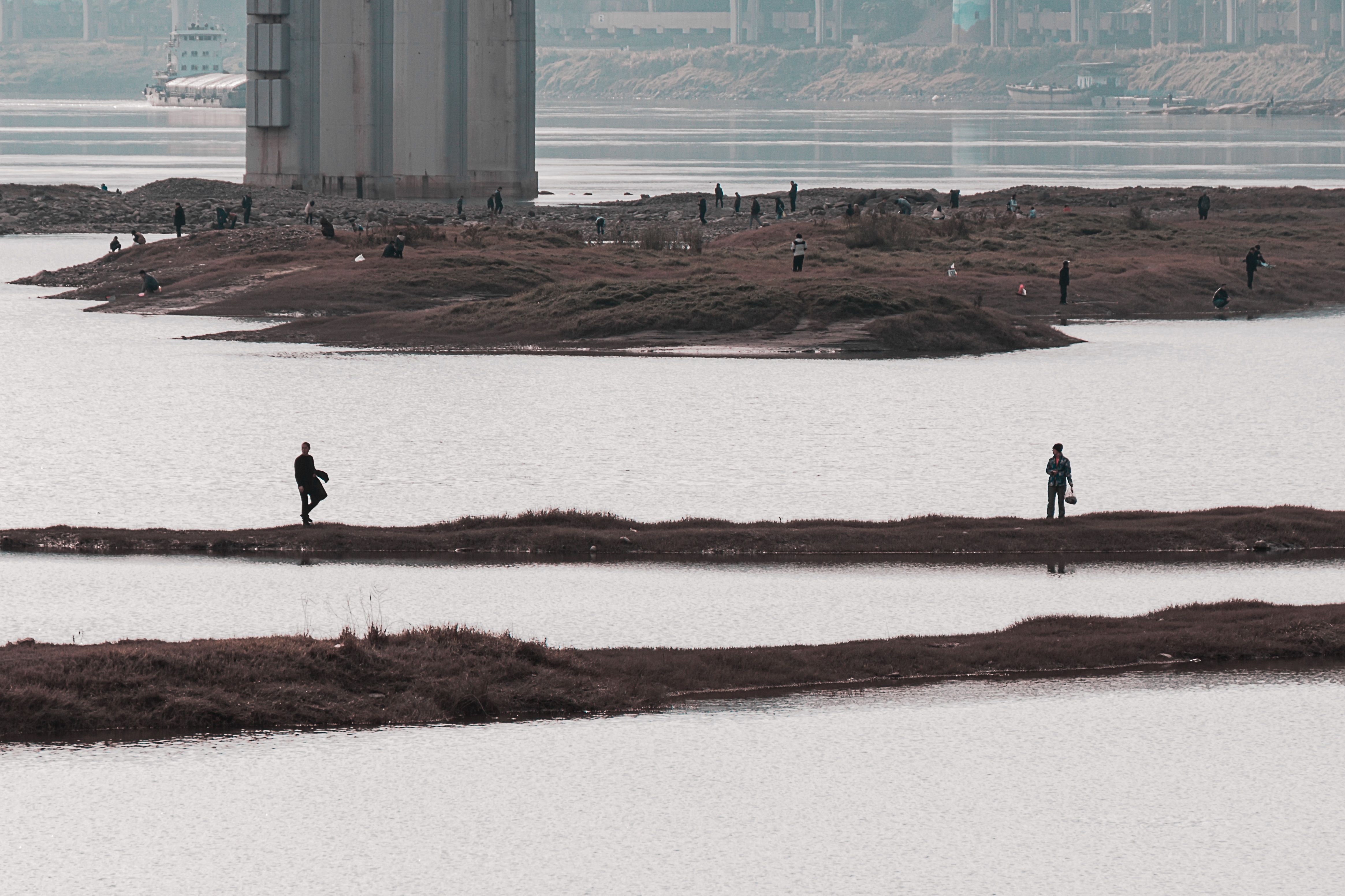 Orang Berjalan Di Pulau Sungai Di Bawah Jembatan · Foto Stok Gratis