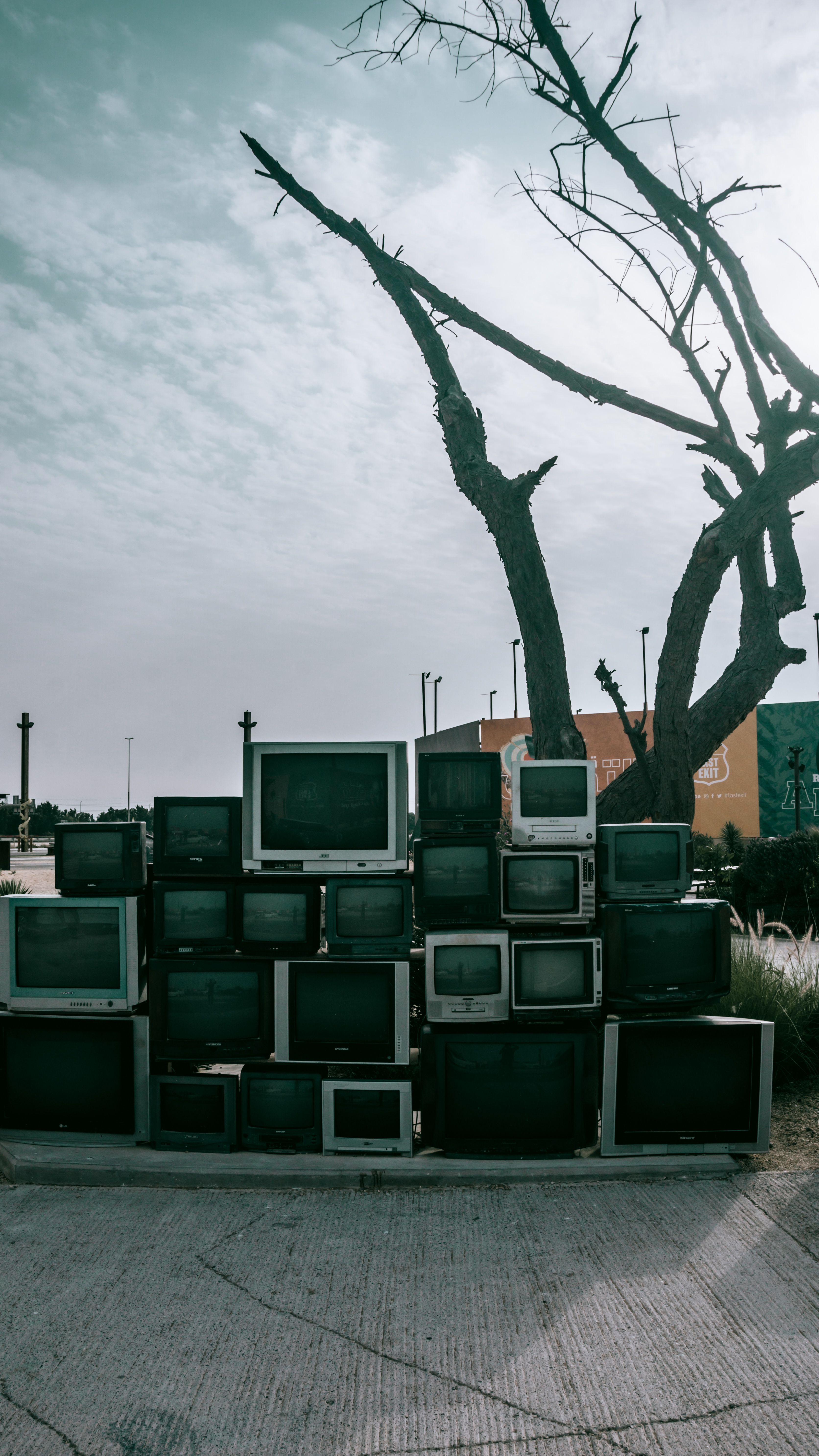 Stacked Vintage TVs Under a Bare Tree Outdoors · Free Stock Photo