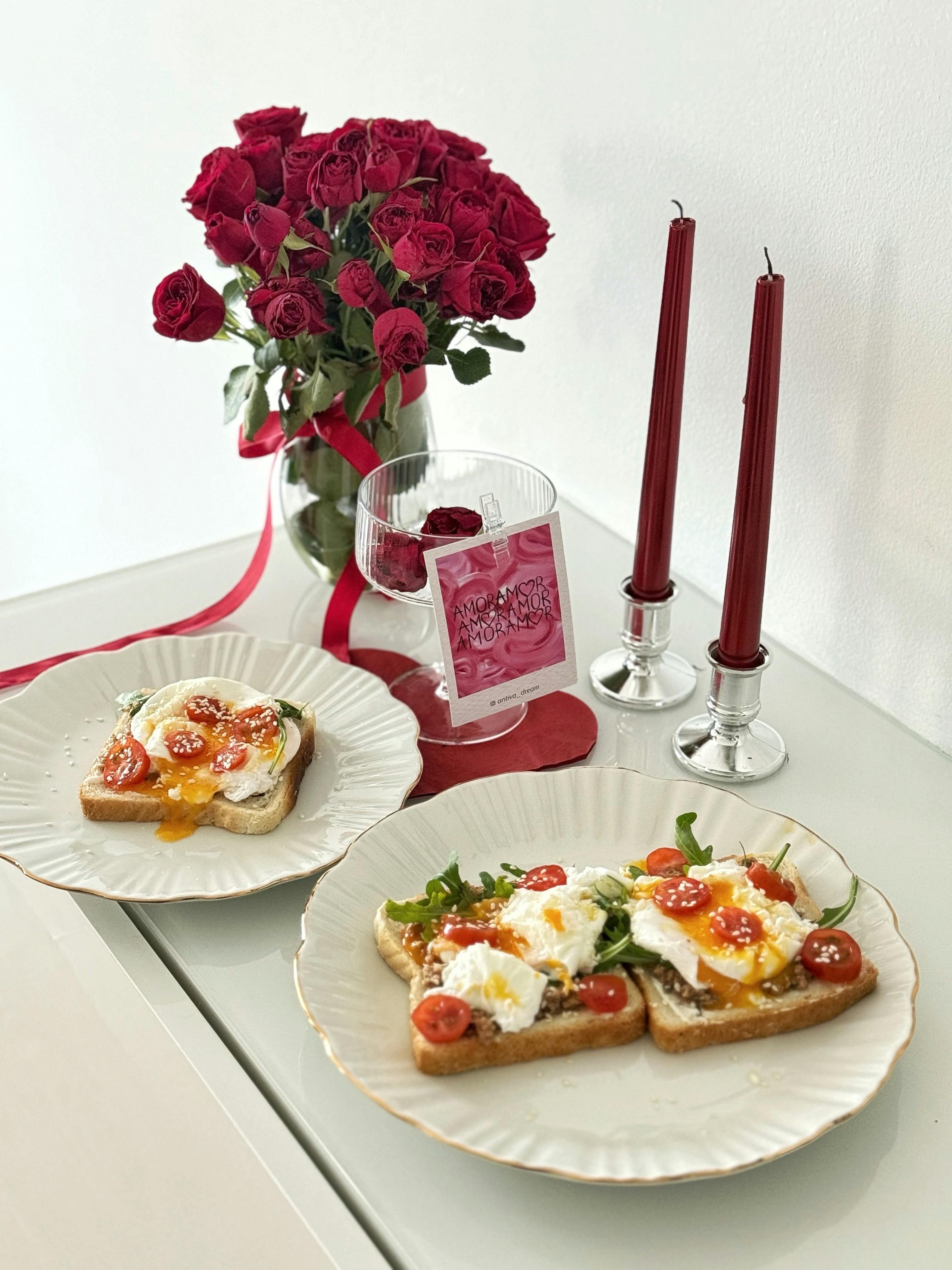 Romantic Breakfast Setup with Roses and Candles · Free Stock Photo