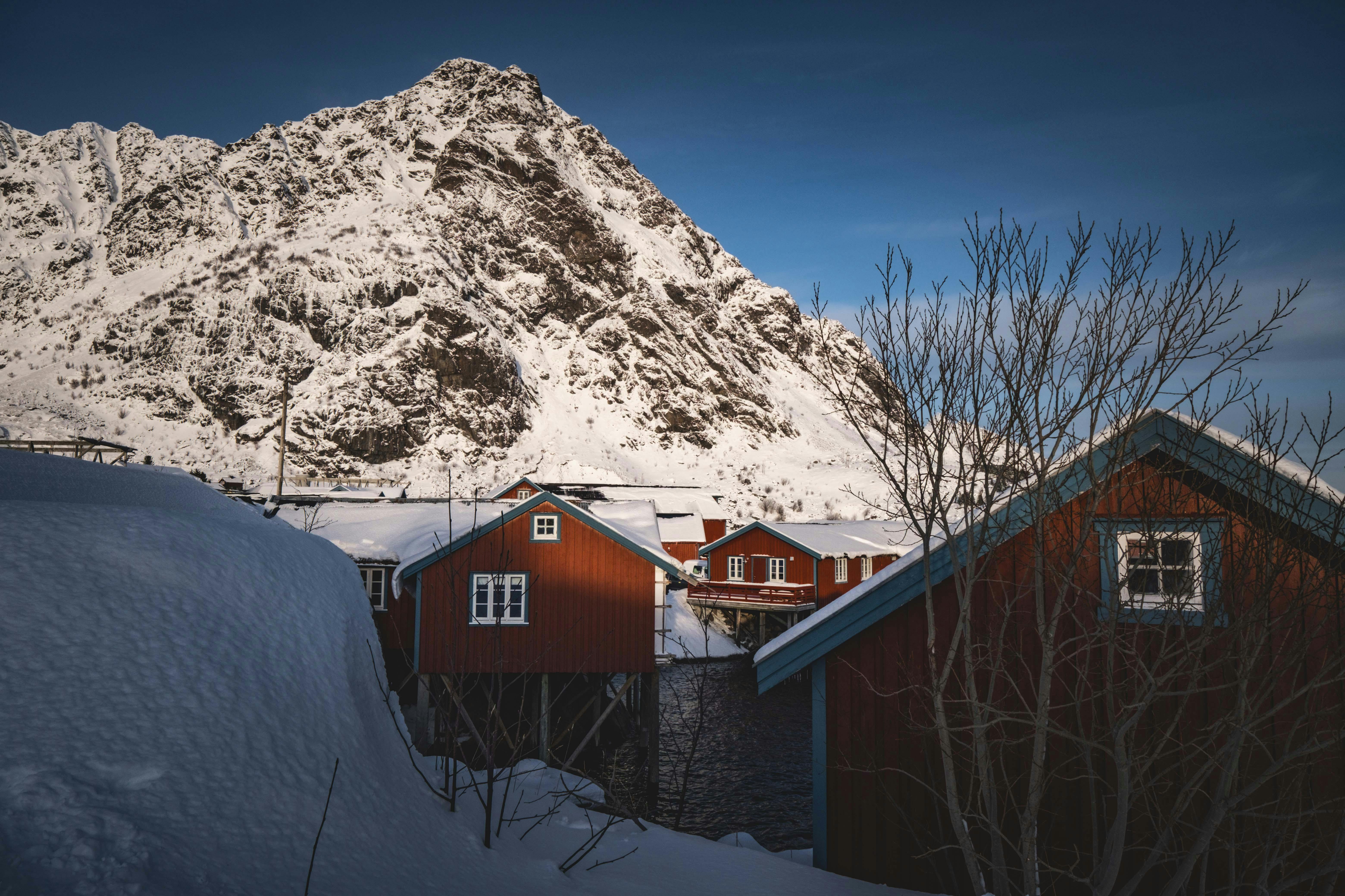 Snowy Nordic Village with Red Cabins · Free Stock Photo