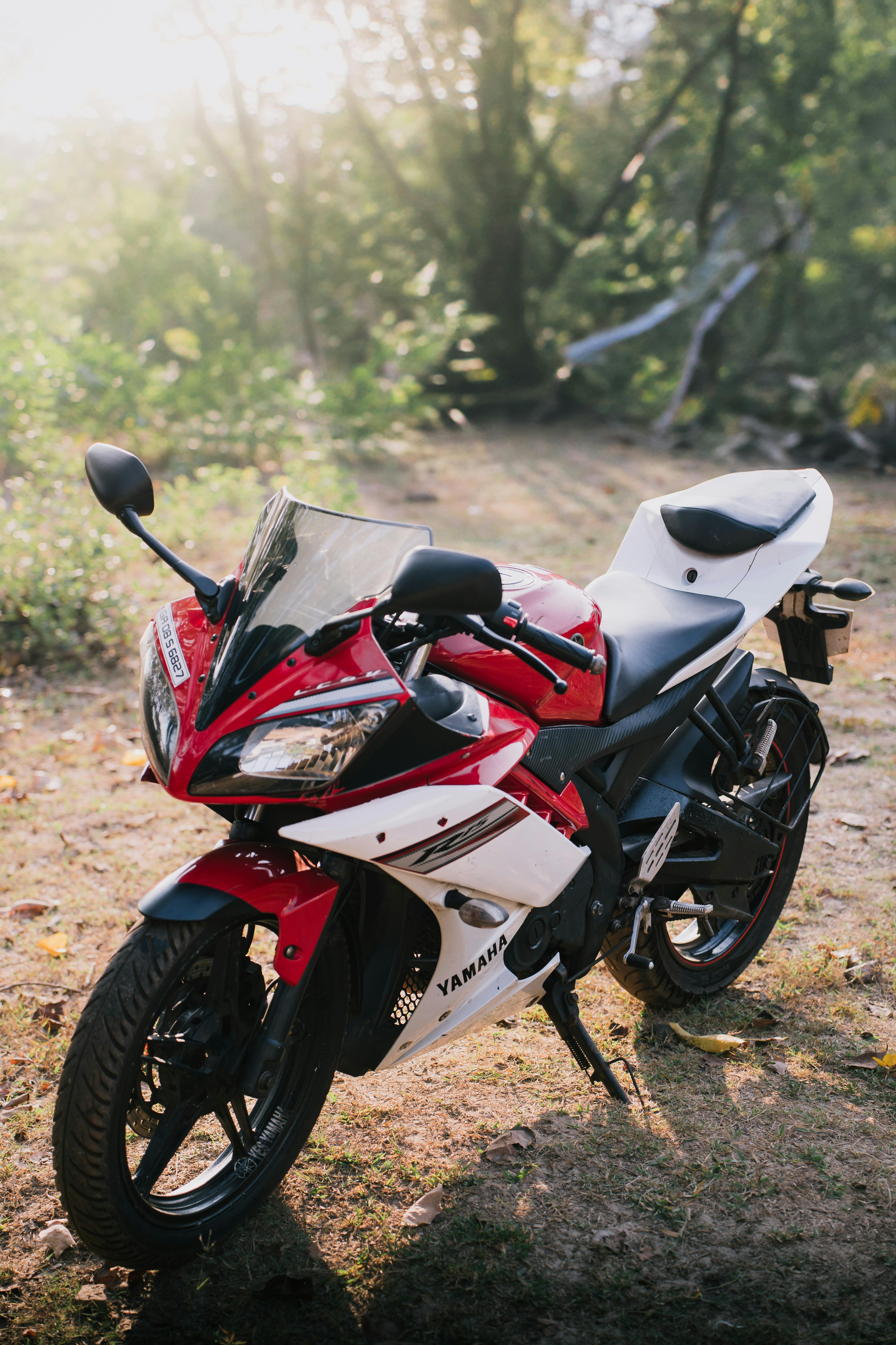 Red and White Motorcycle in Sunlit Forest · Free Stock Photo