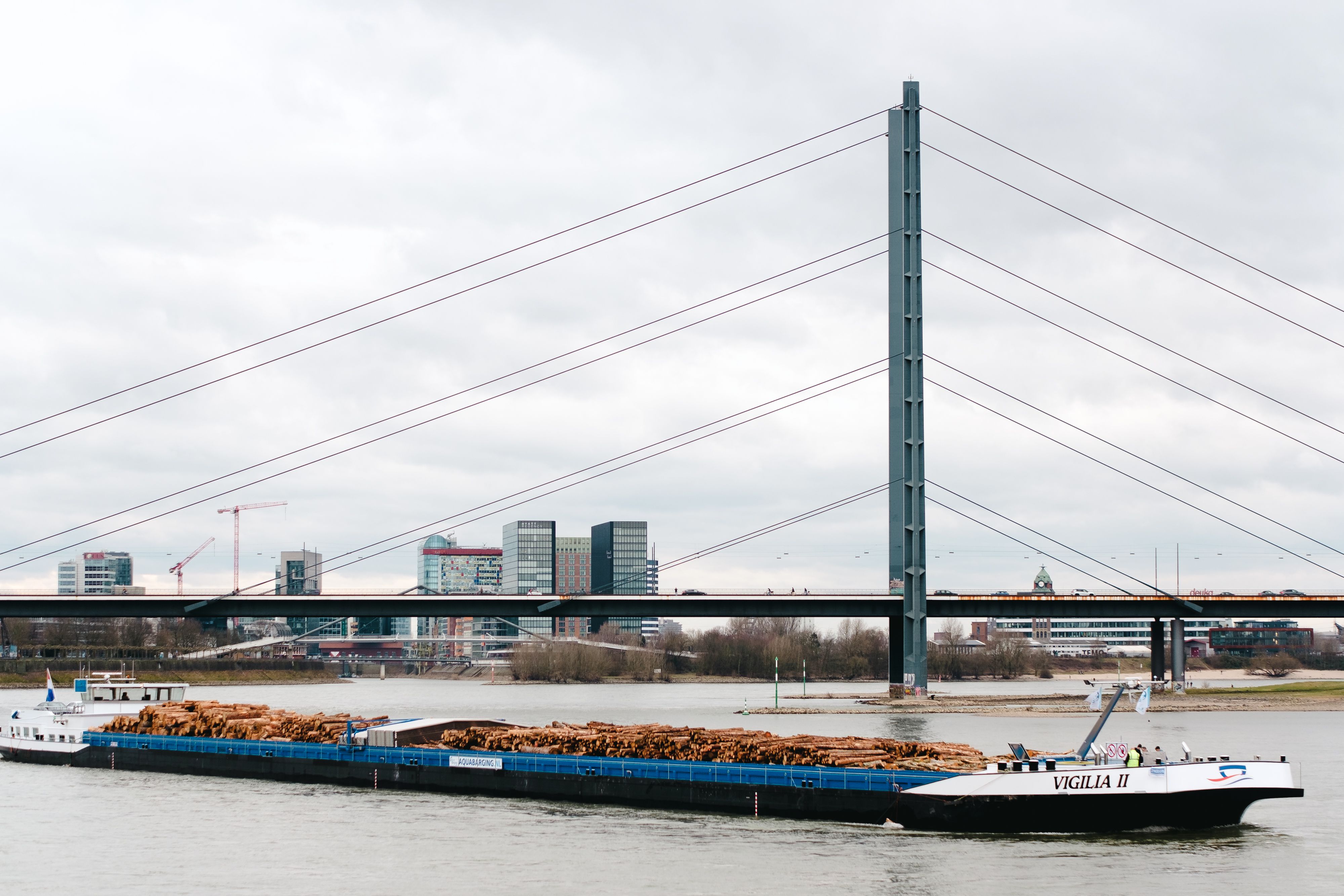 Cargo Barge on Rhine River in Düsseldorf · Free Stock Photo