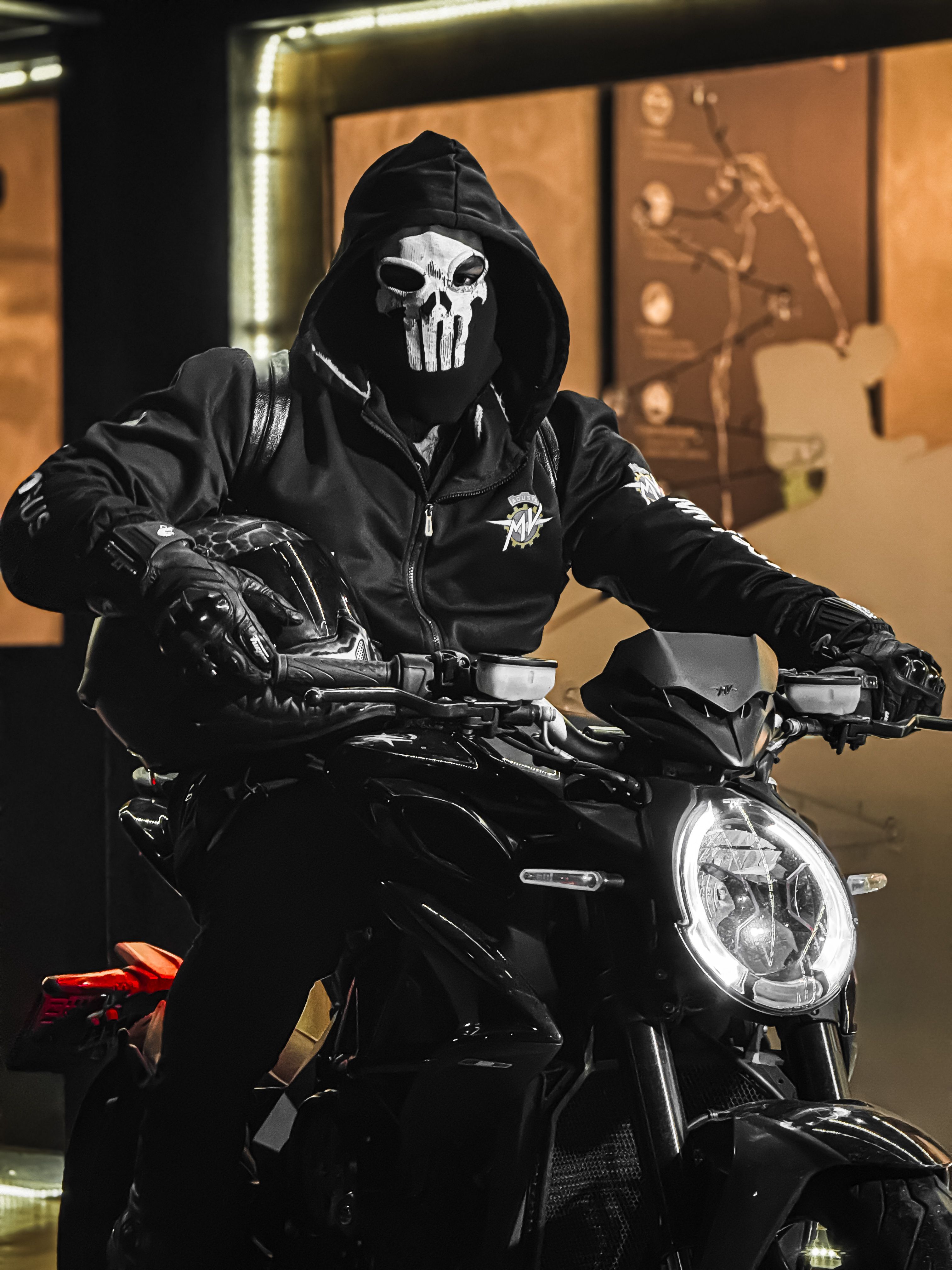 Mysterious Biker with Skull Mask on Black Motorcycle · Free Stock Photo