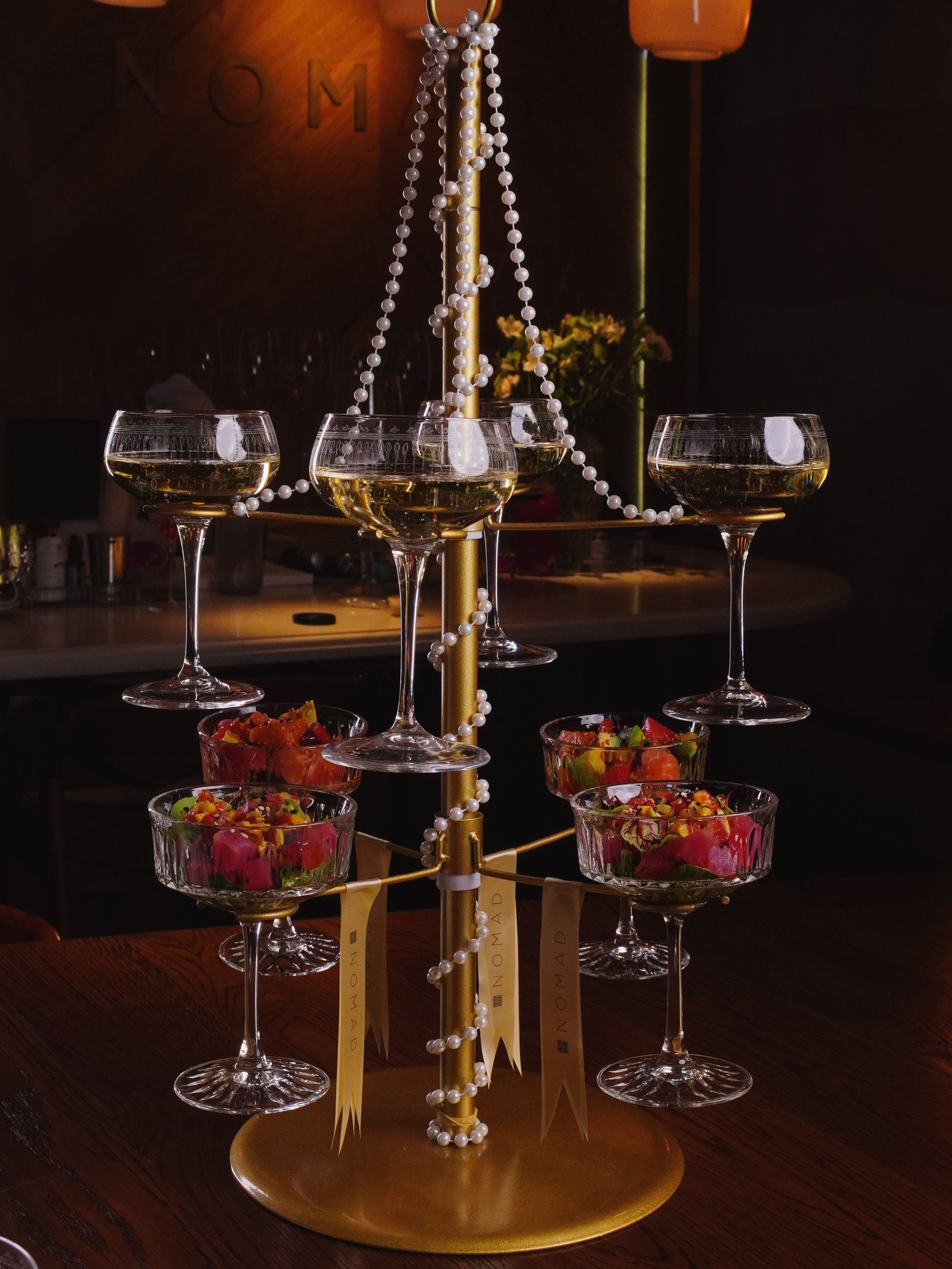 Elegant Glass Tower with Cocktails and Appetizers · Free Stock Photo