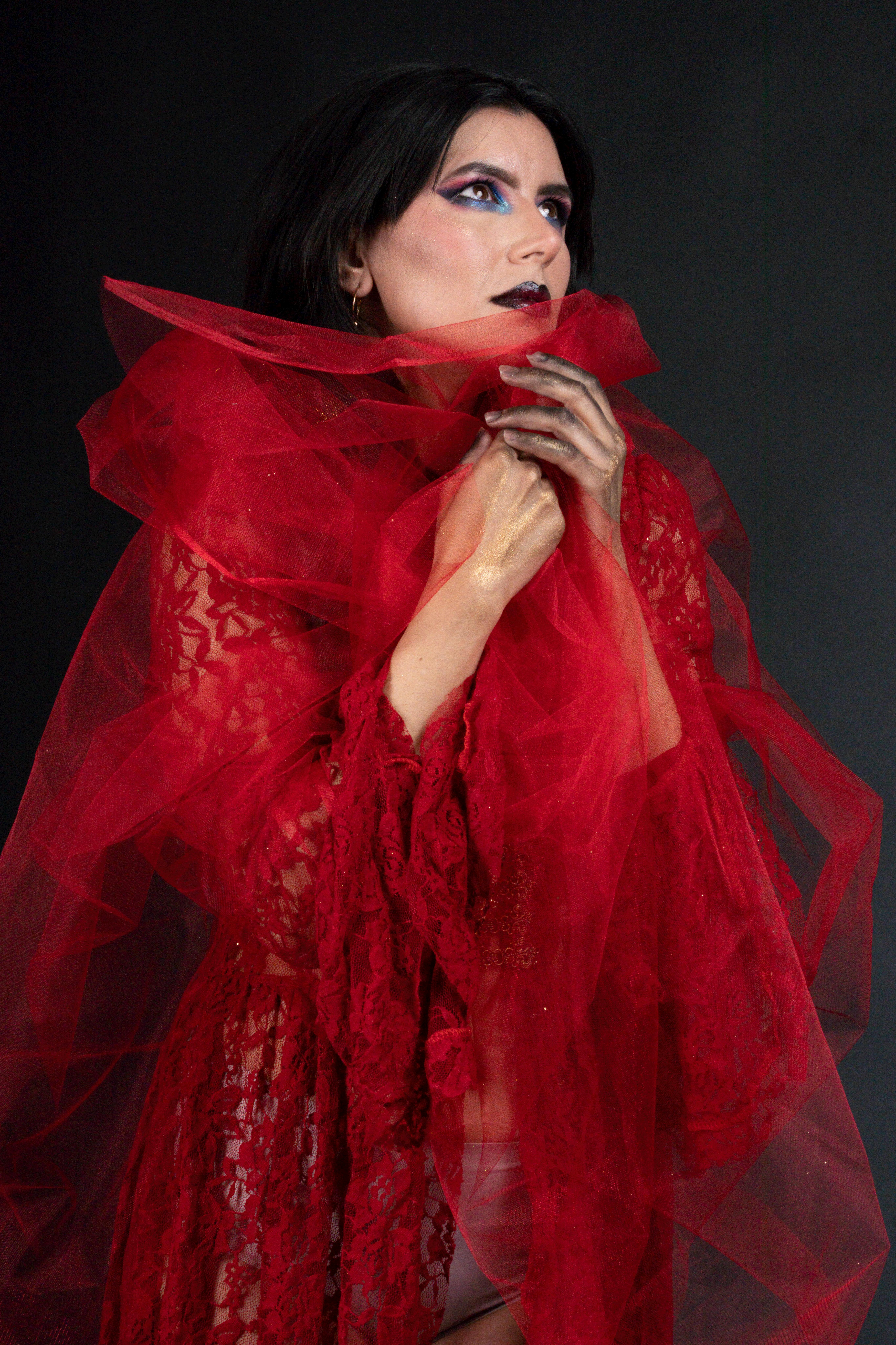 Dramatic Woman in Red Lace Gown Portrait · Free Stock Photo