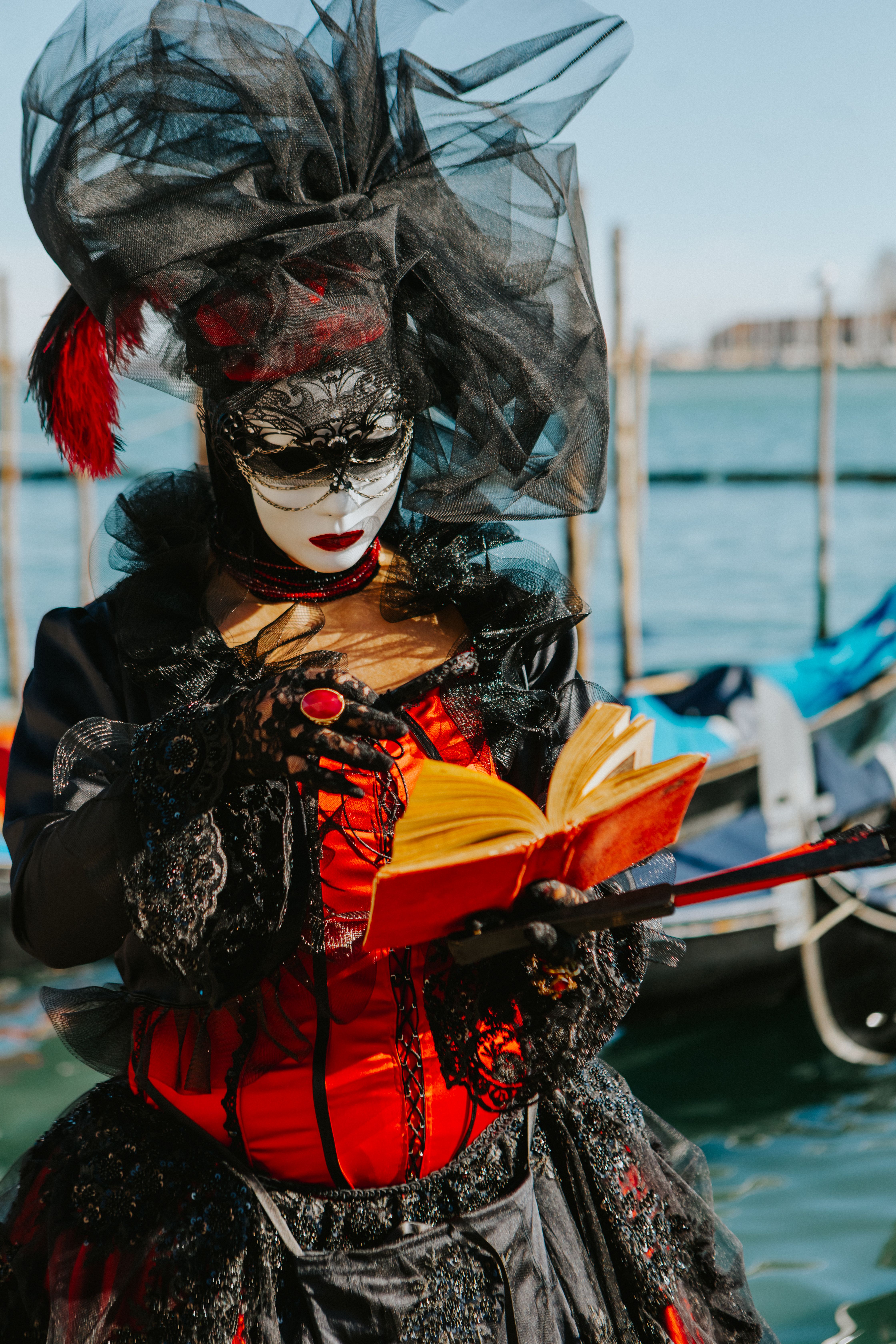 Venetian Carnival Masked Person Reading Book · Free Stock Photo