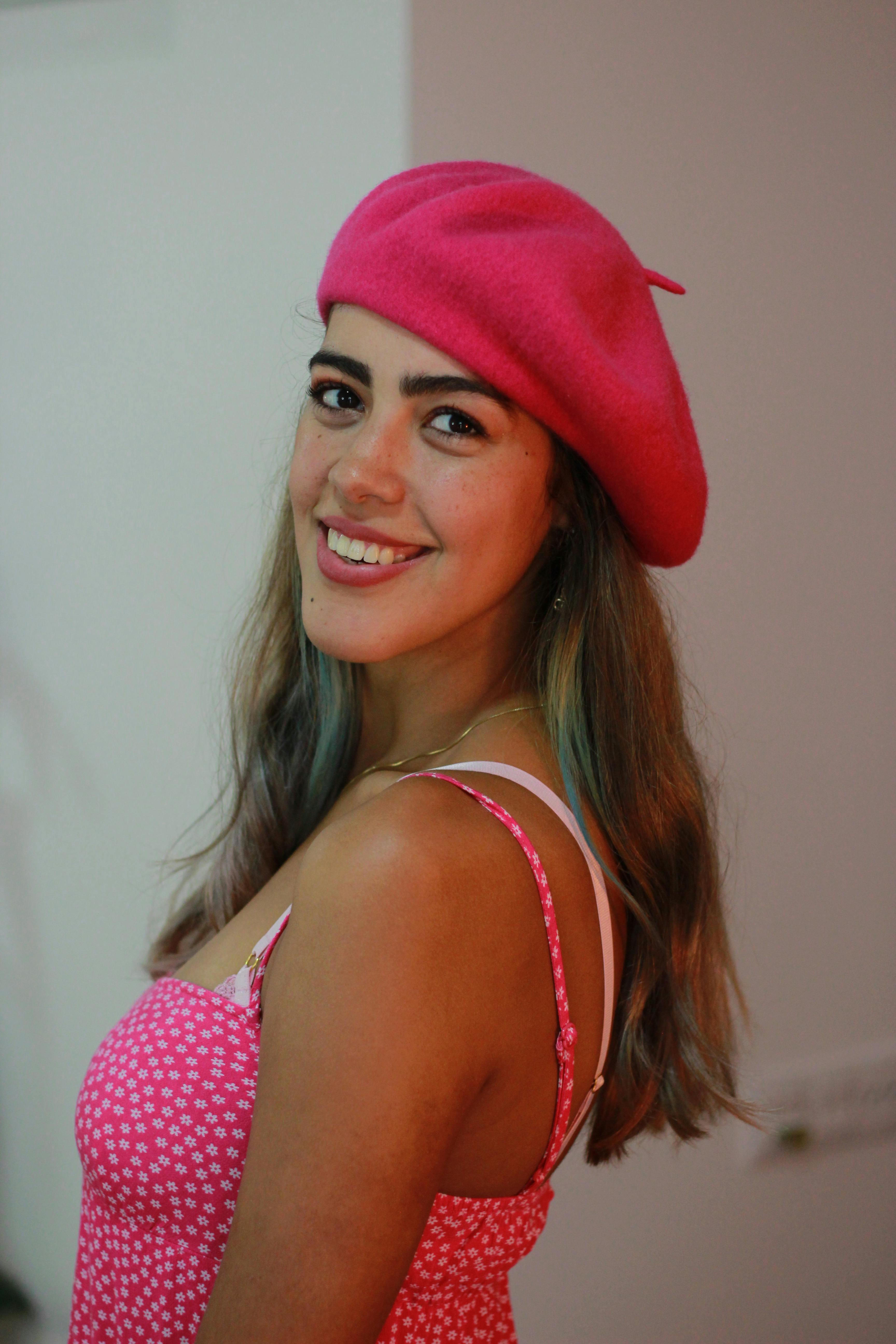 Smiling Woman in Pink Beret and Dress · Free Stock Photo