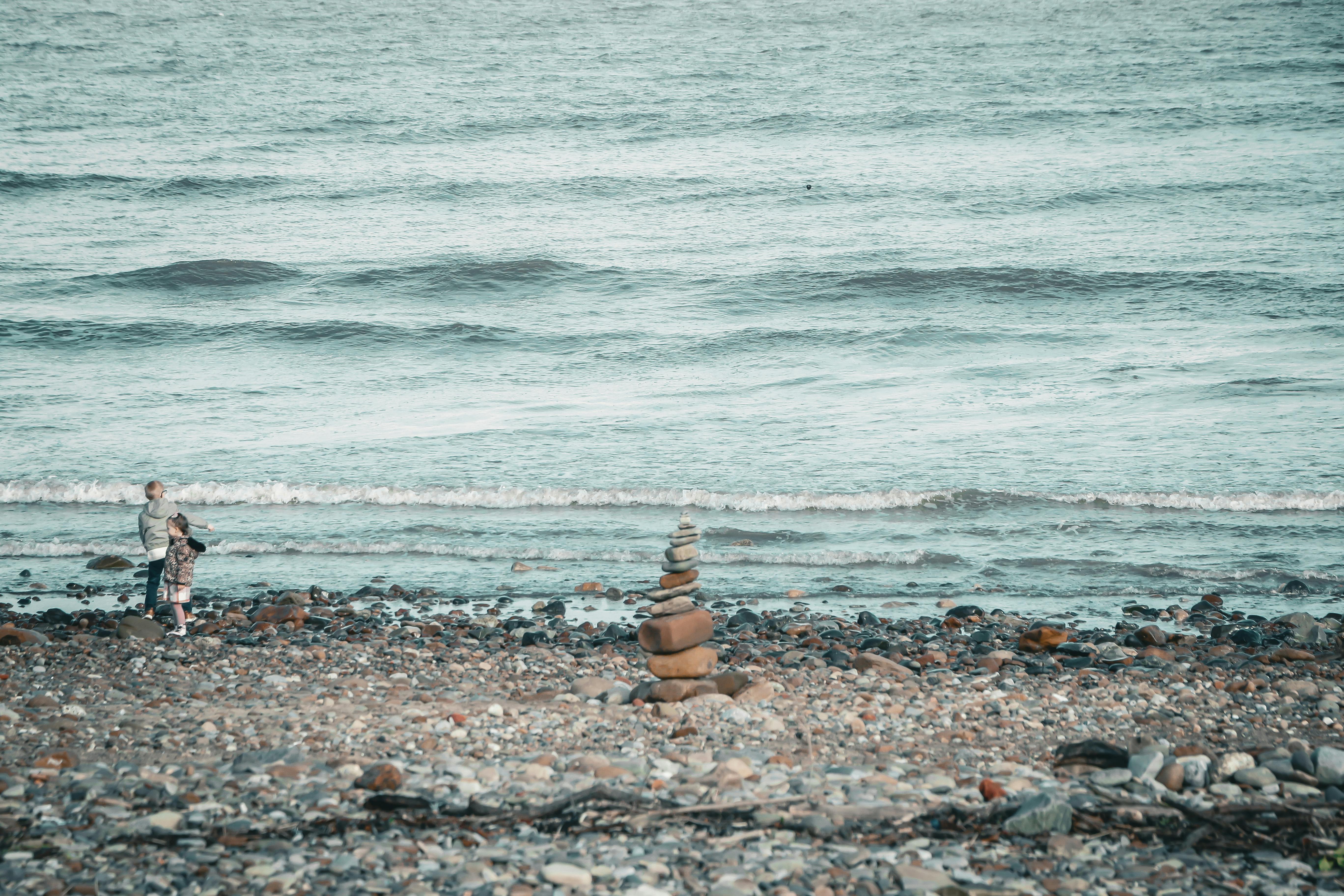 Children Enjoying Pebble Beach with Cairn Stacks · Free Stock Photo
