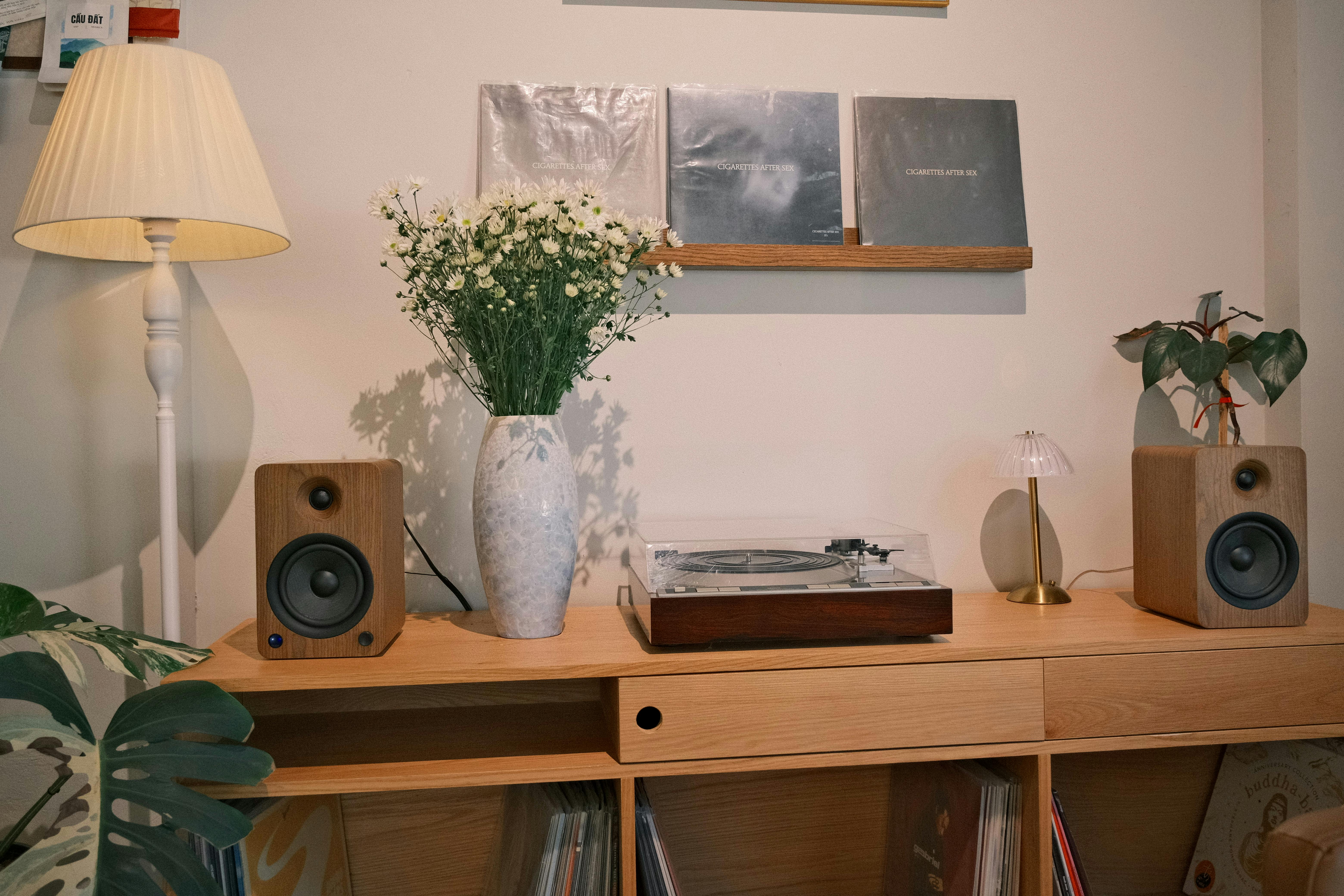 Cozy Vinyl Record Setup with Speakers and Flowers · Free Stock Photo