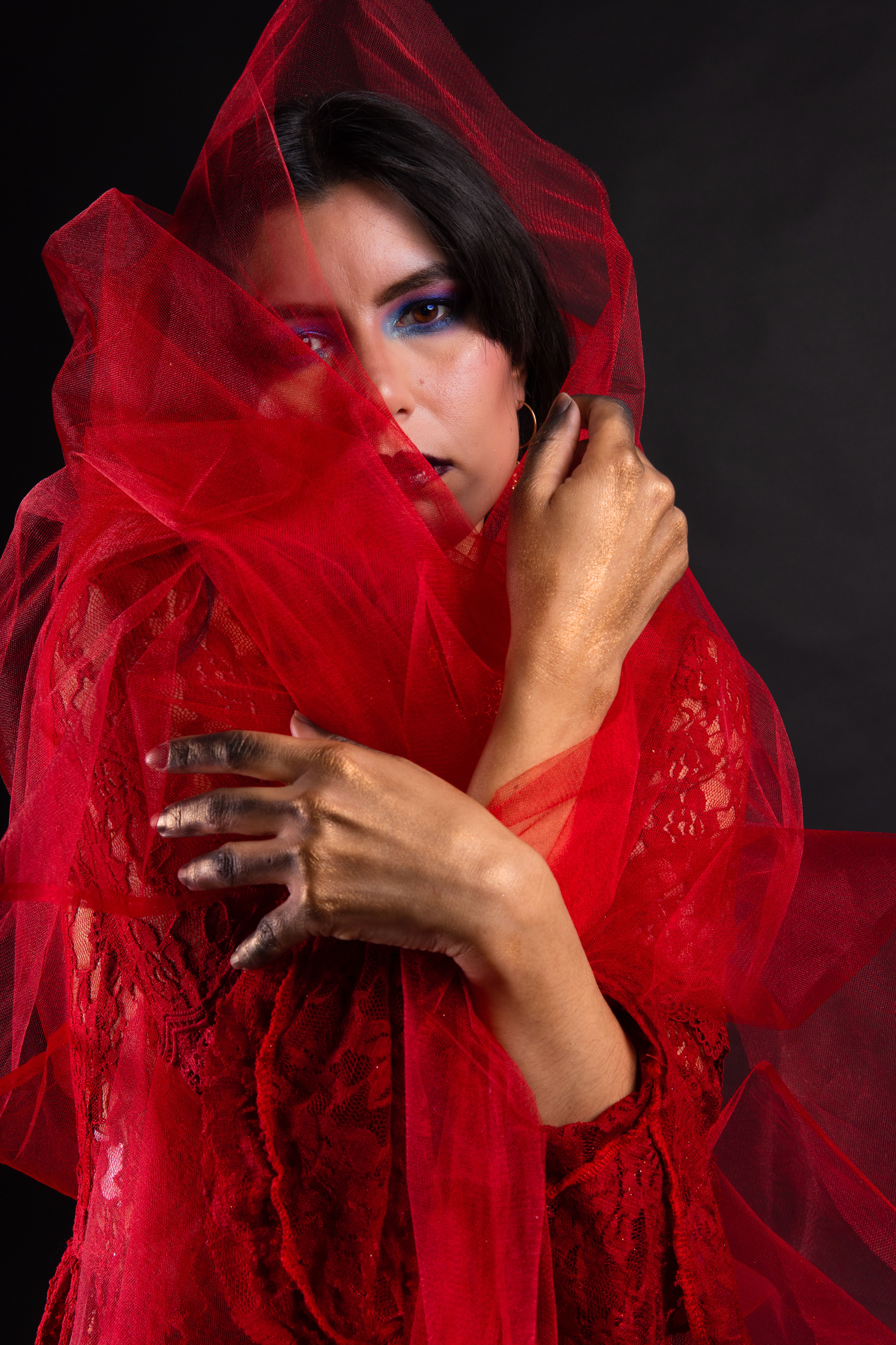 Dramatic Fashion Portrait with Red Tulle and Makeup · Free Stock Photo
