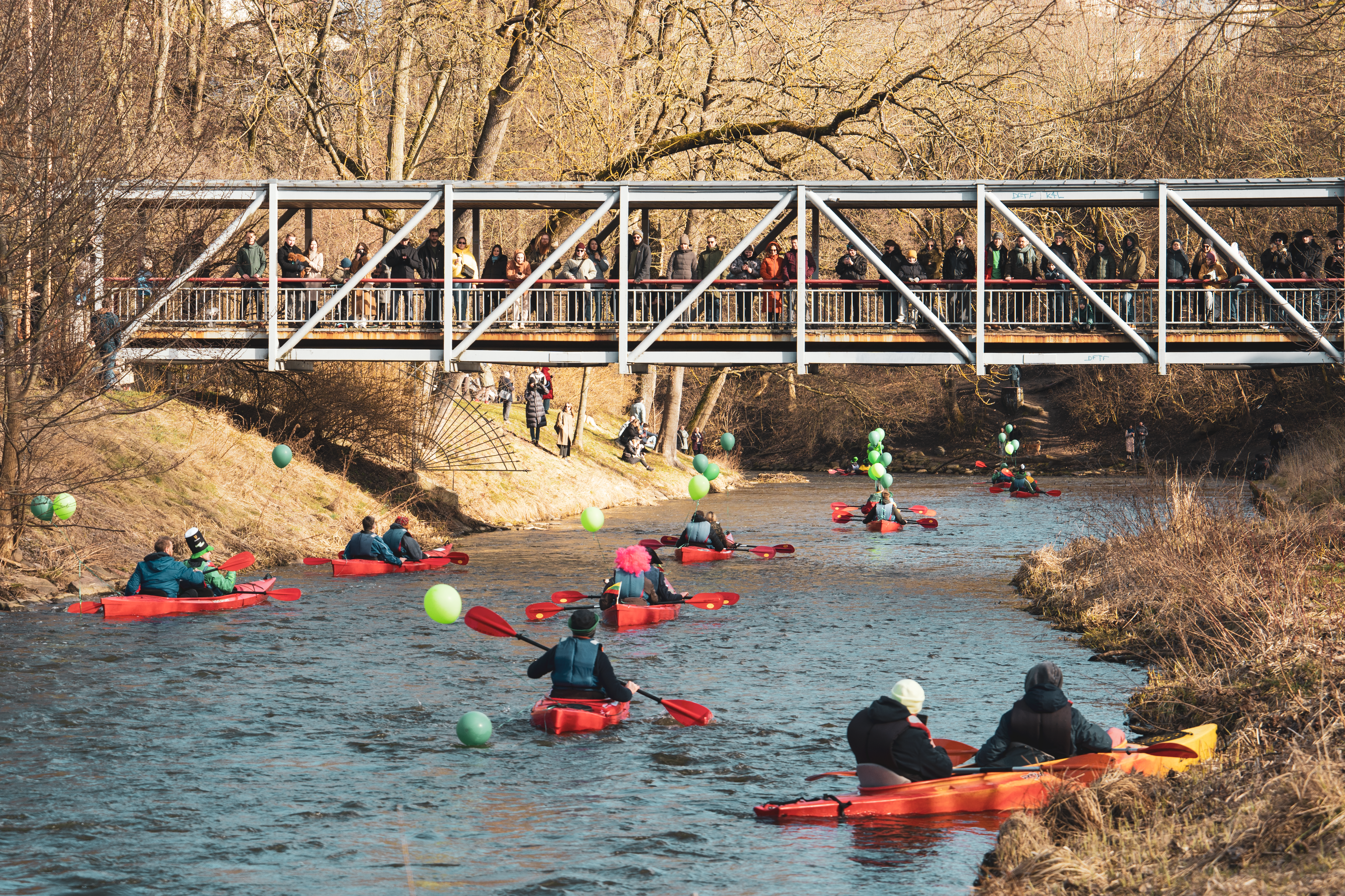Kayaking event under Vilnius bridge in spring · Free Stock Photo