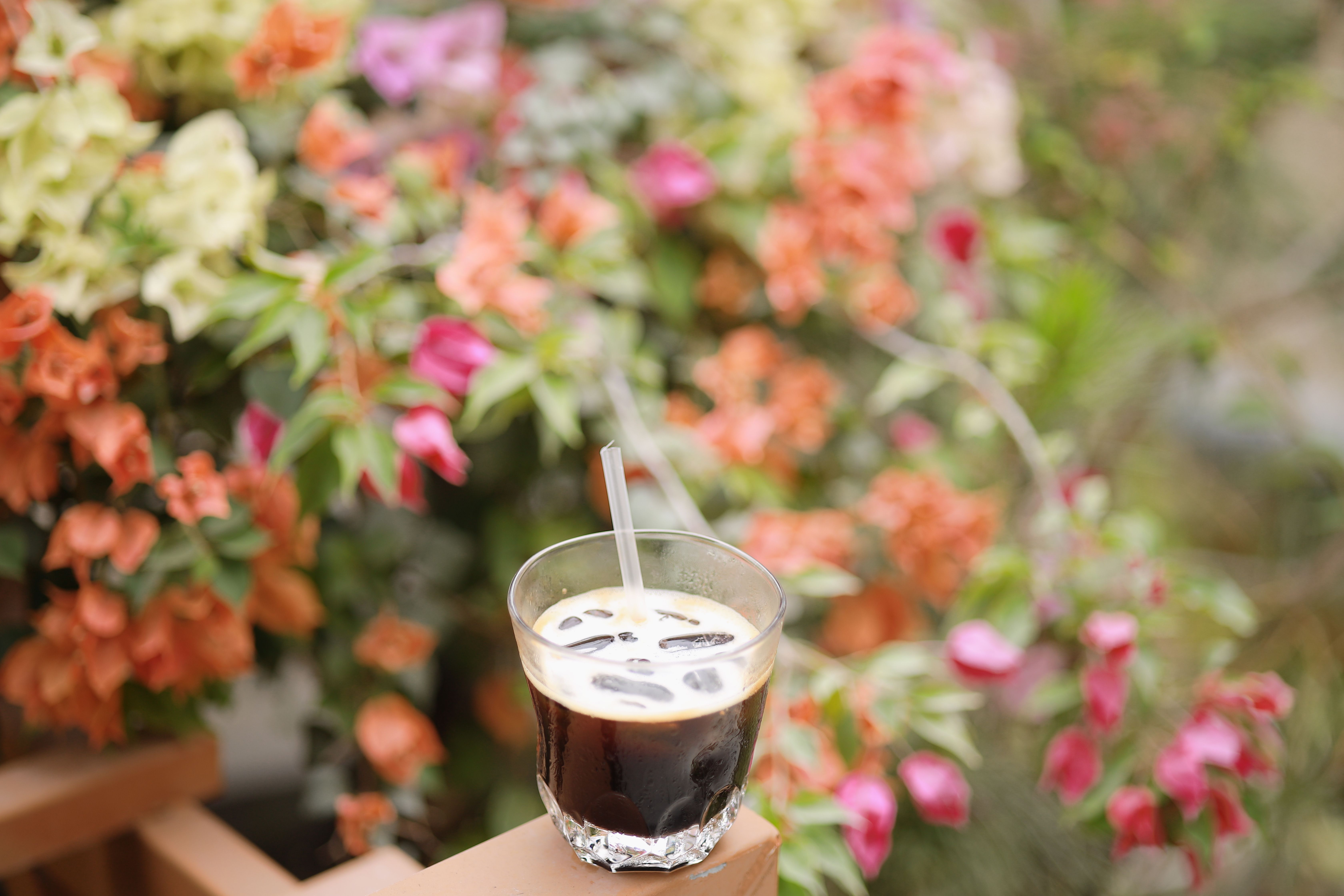 Refreshing Iced Coffee with Colorful Floral Background · Free Stock Photo
