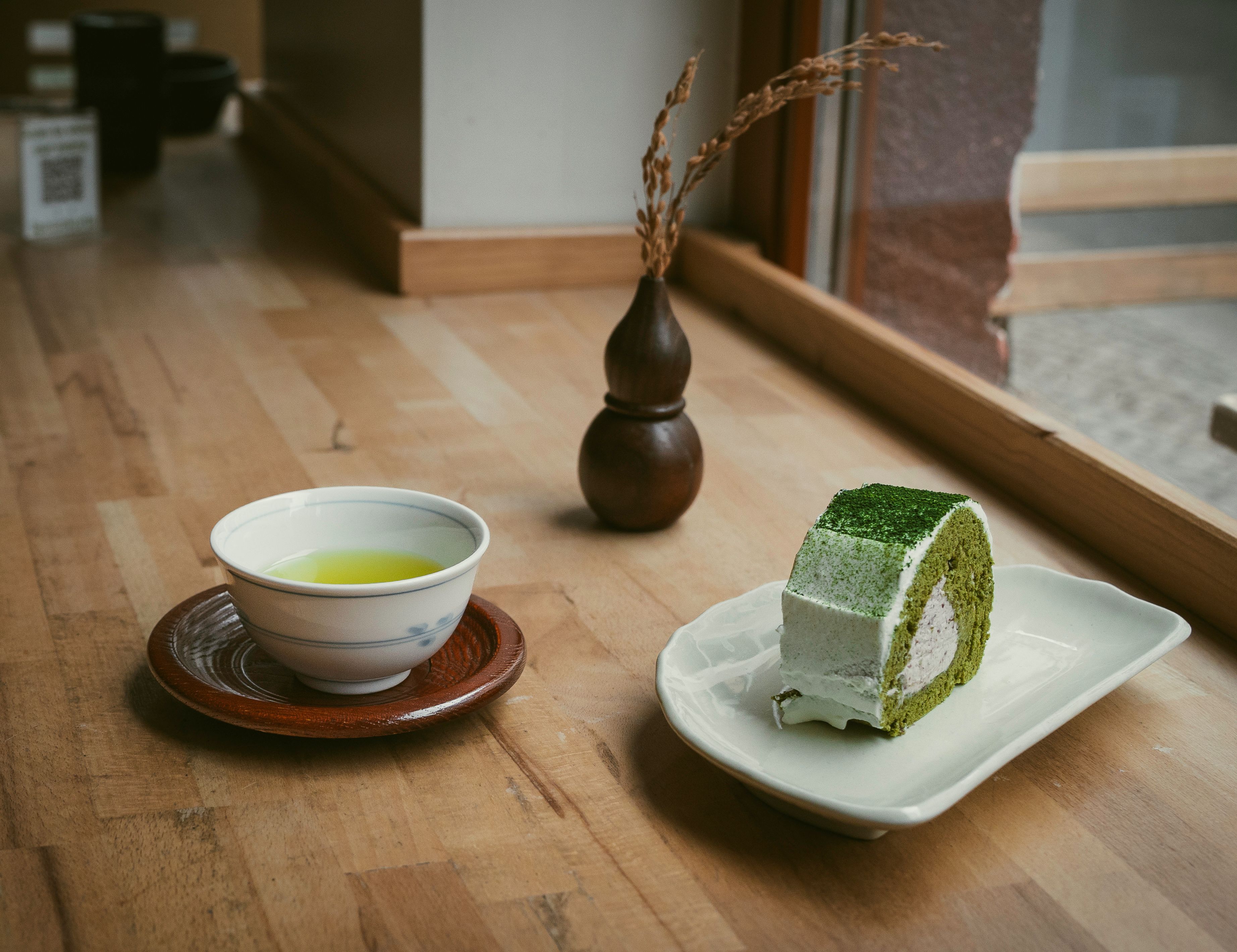 Japanese Matcha Cake and Tea on Wooden Table · Free Stock Photo