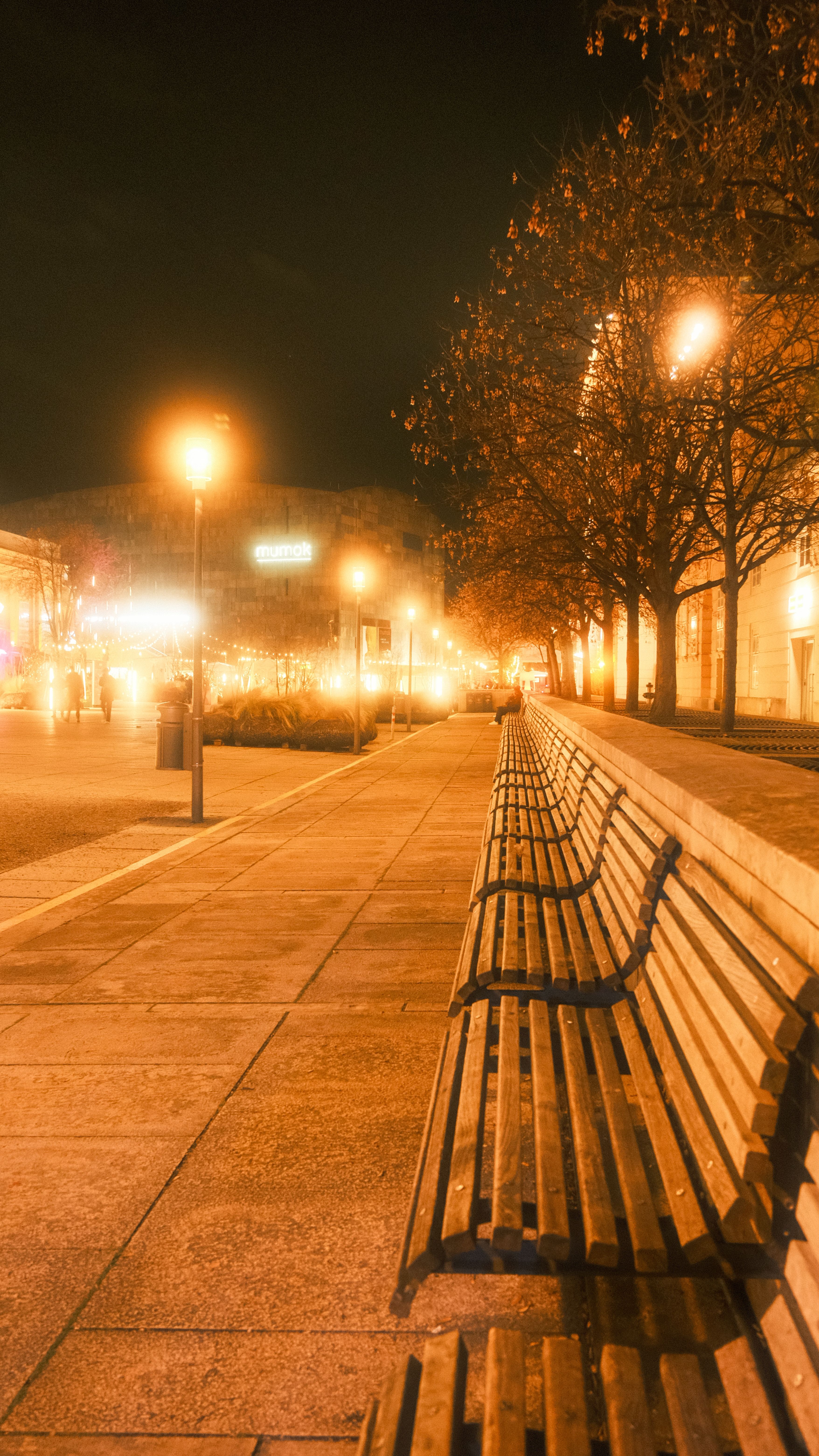City Park Benches at Night with Warm Streetlights · Free Stock Photo