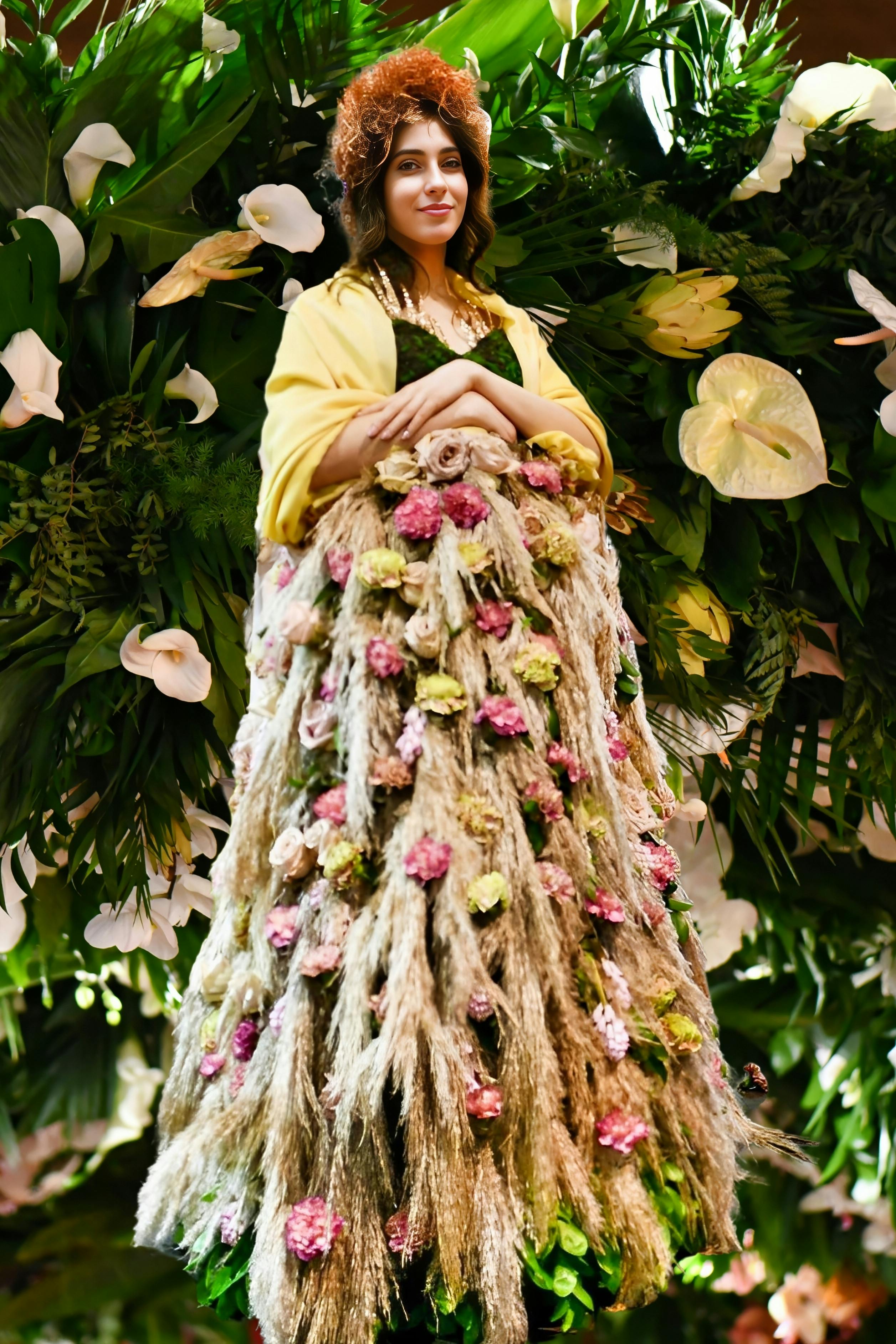 Wanita Dalam Gaun Bunga Yang Terinspirasi Alam Di Tengah Pepohonan ...