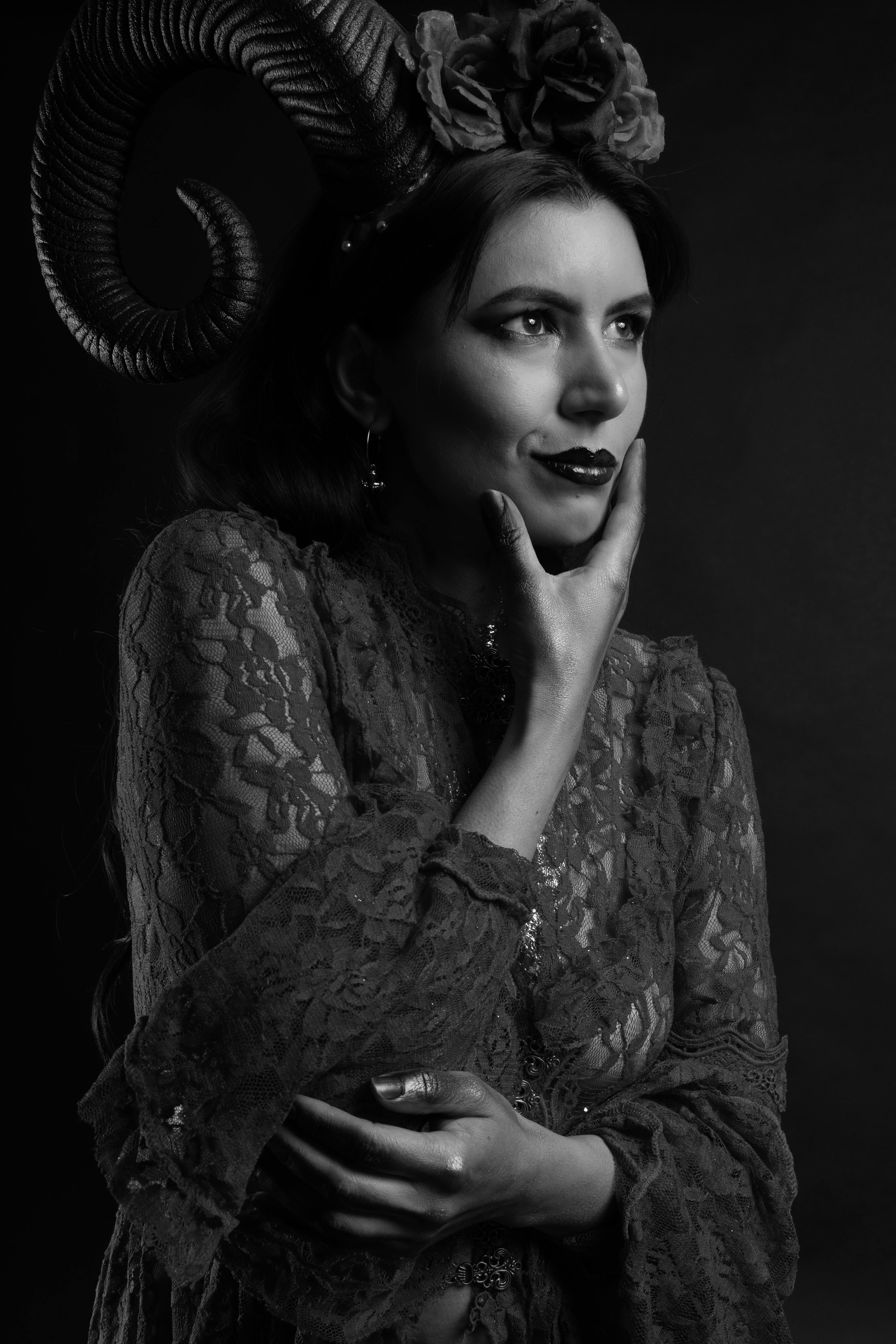 Elegant Woman in Costume with Horns in Dramatic Black and White · Free ...
