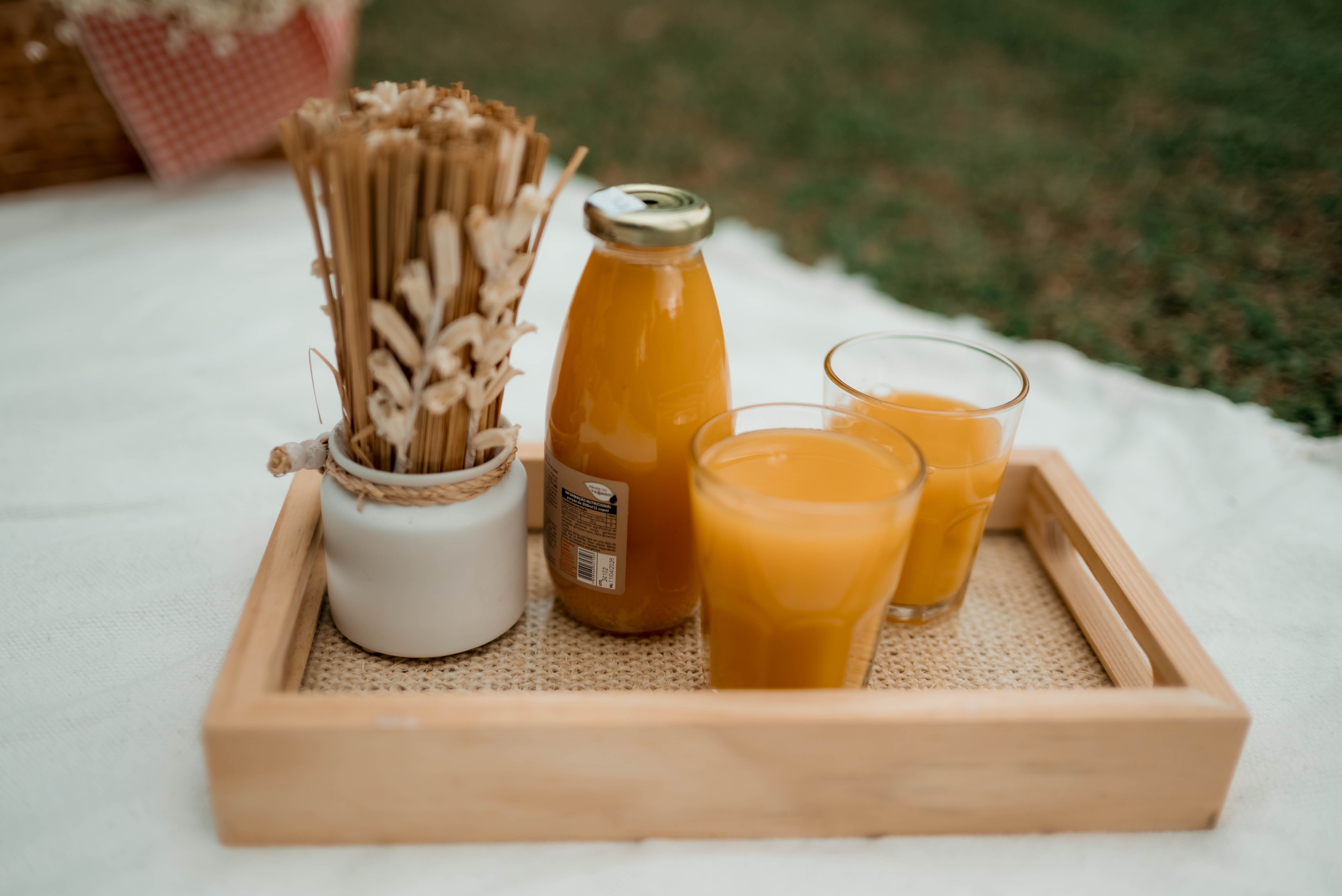 Wooden Tray with Orange Juice Outdoors · Free Stock Photo
