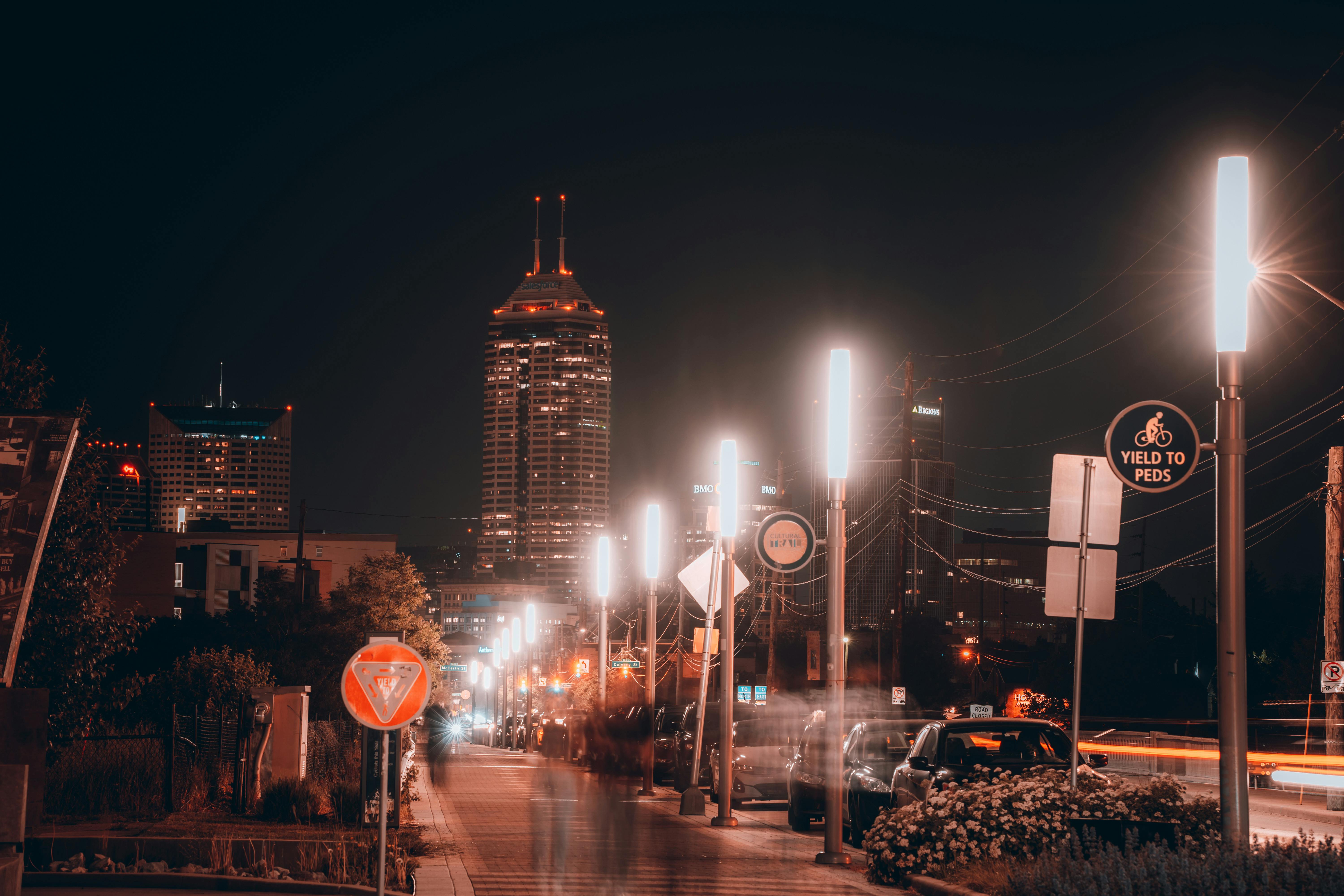Indianapolis Night Skyline with Glowing Streetlights · Free Stock Photo
