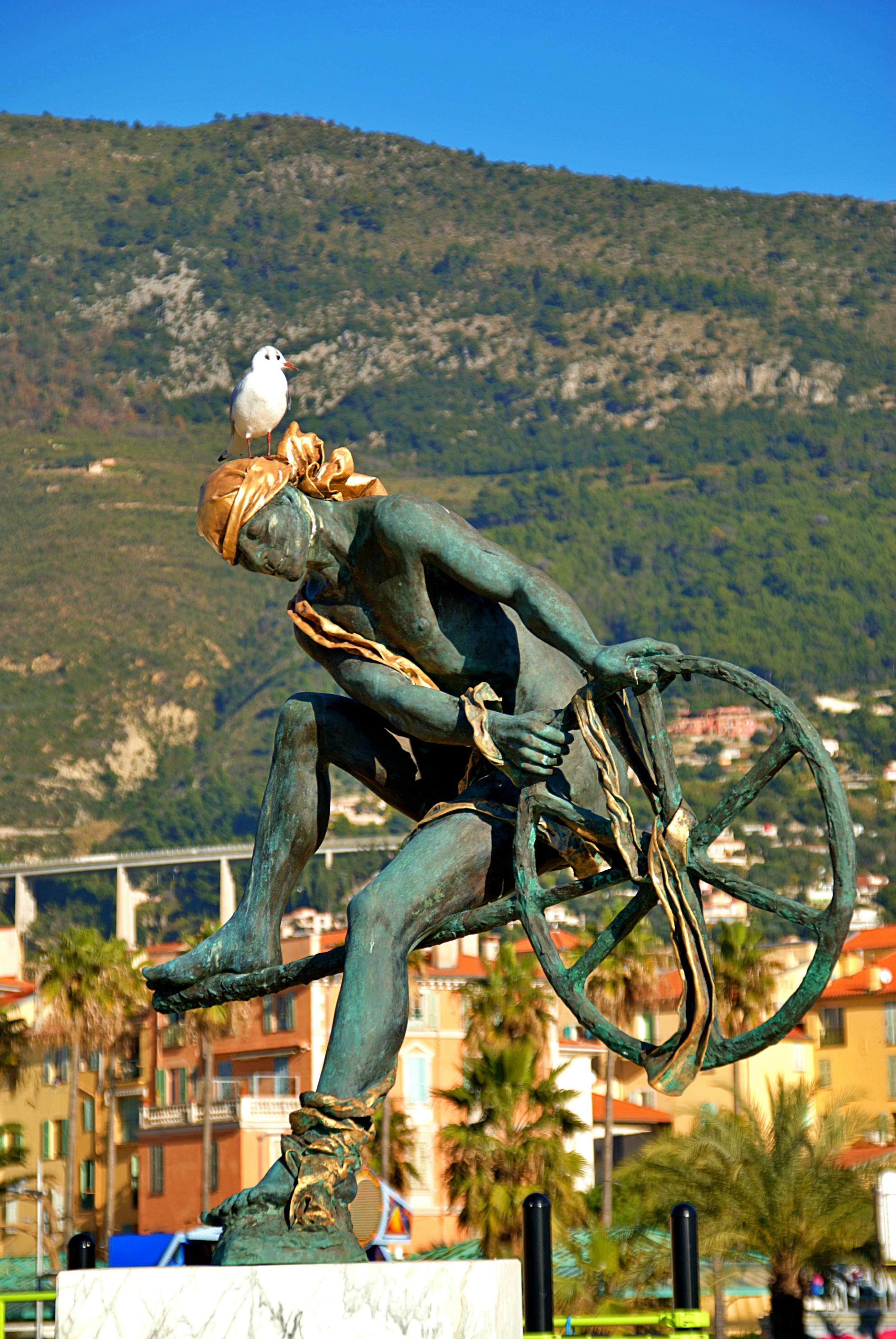 Bronze Statue with Seagull in Mountainous Cityscape · Free Stock Photo