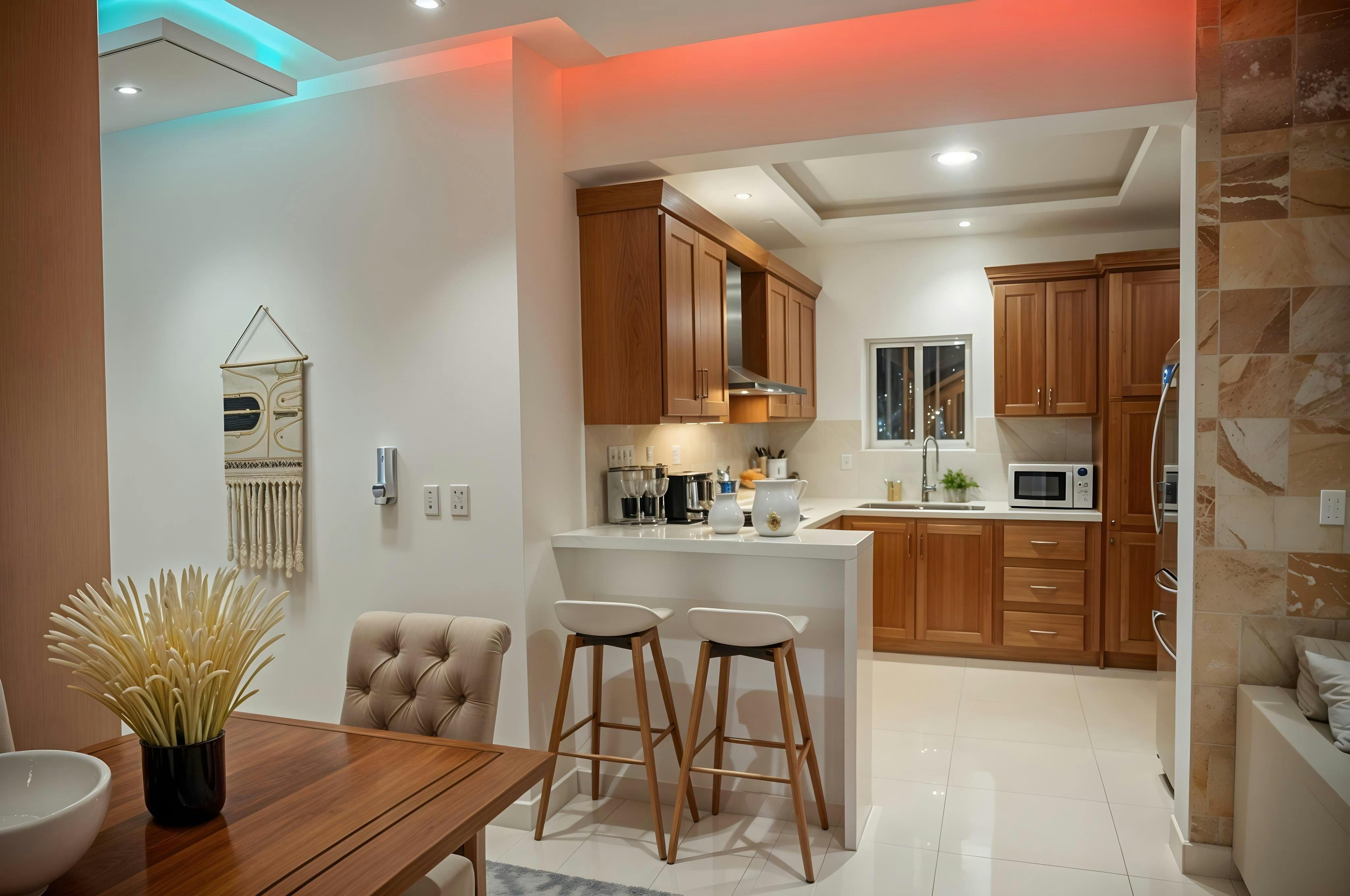 Modern Kitchen and Dining Area with Cozy Lighting · Free Stock Photo