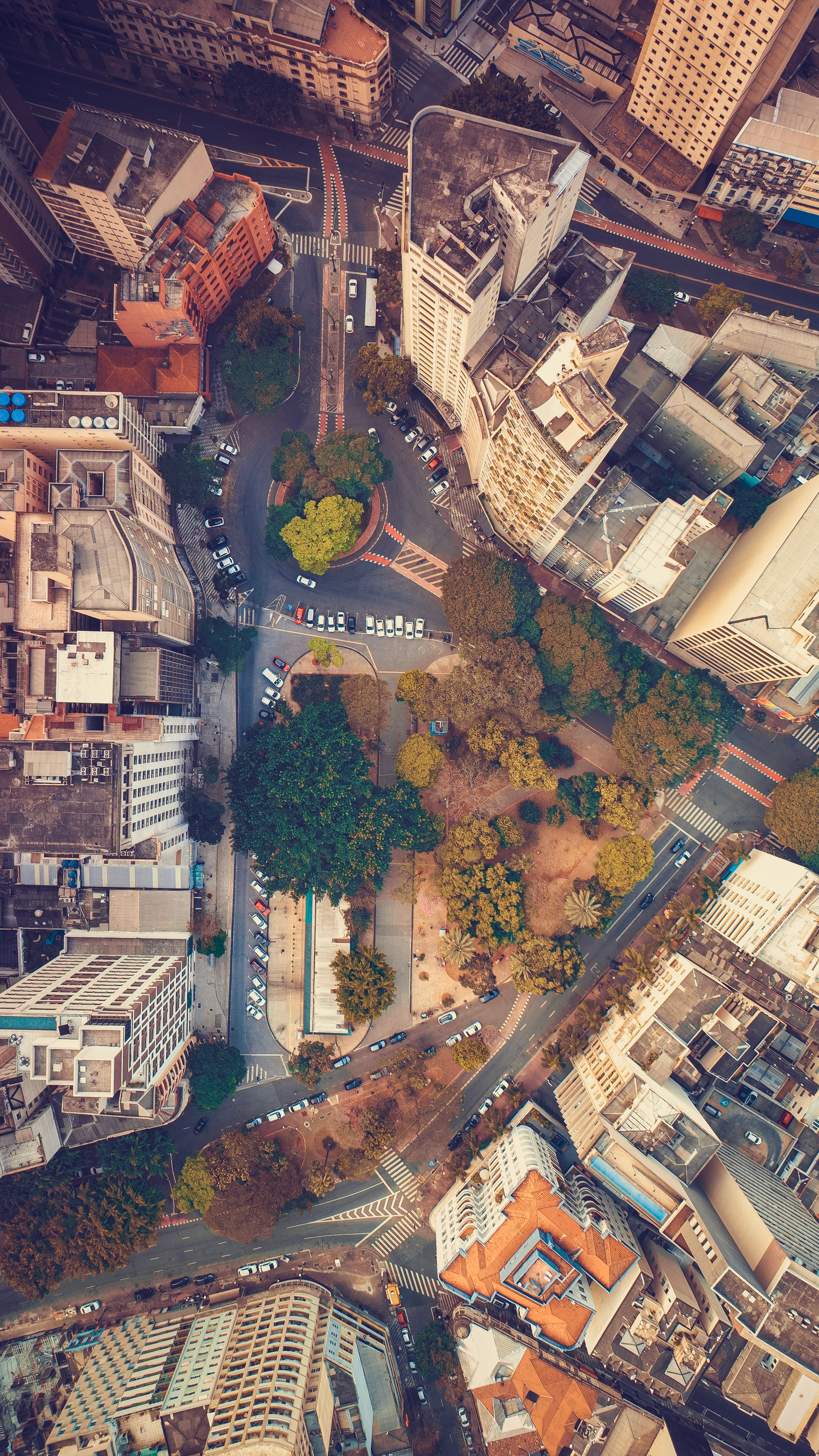 Aerial view of a vibrant urban cityscape with green park · Free Stock Photo
