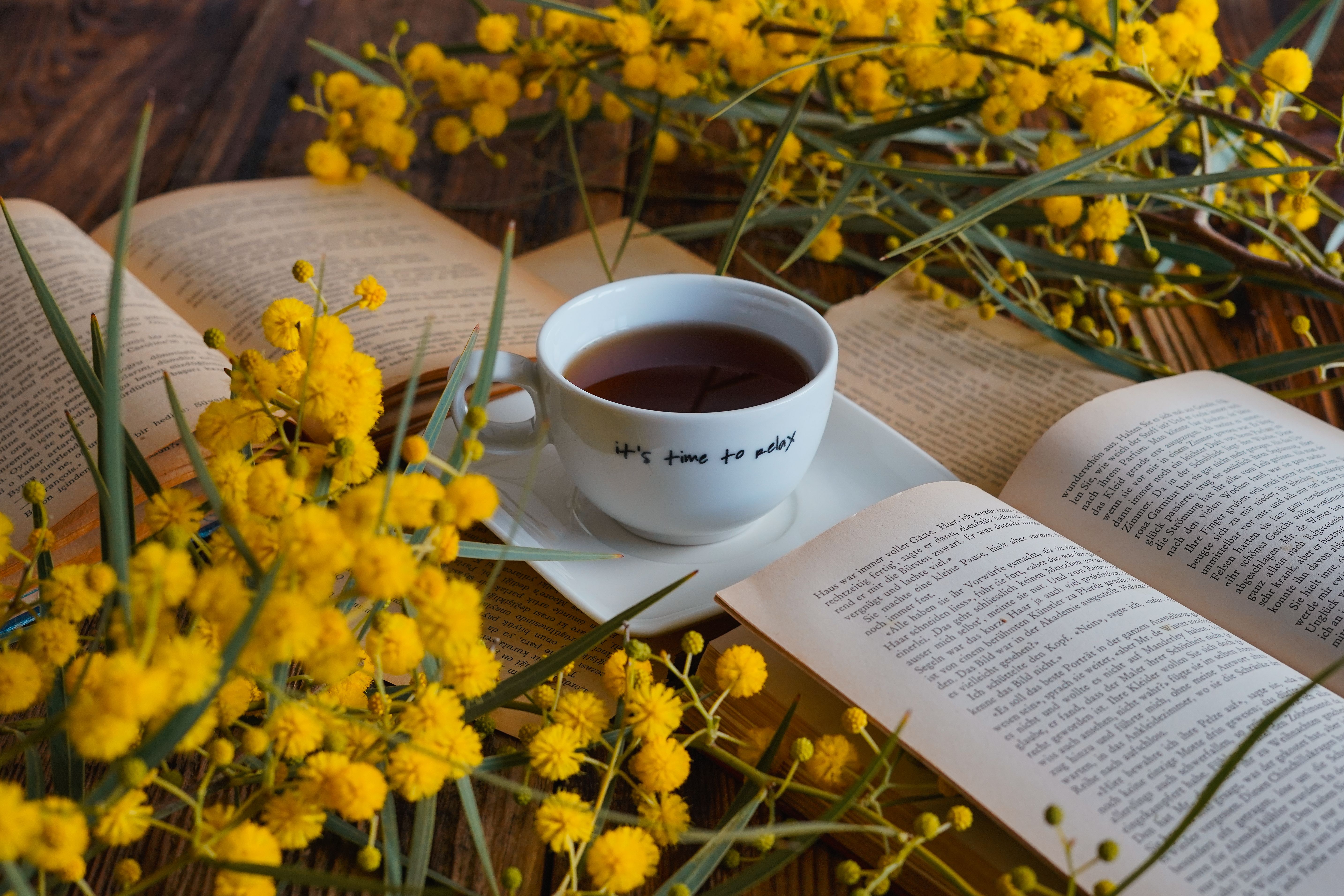 Tranquil Tea Break with Open Books and Flowers · Free Stock Photo