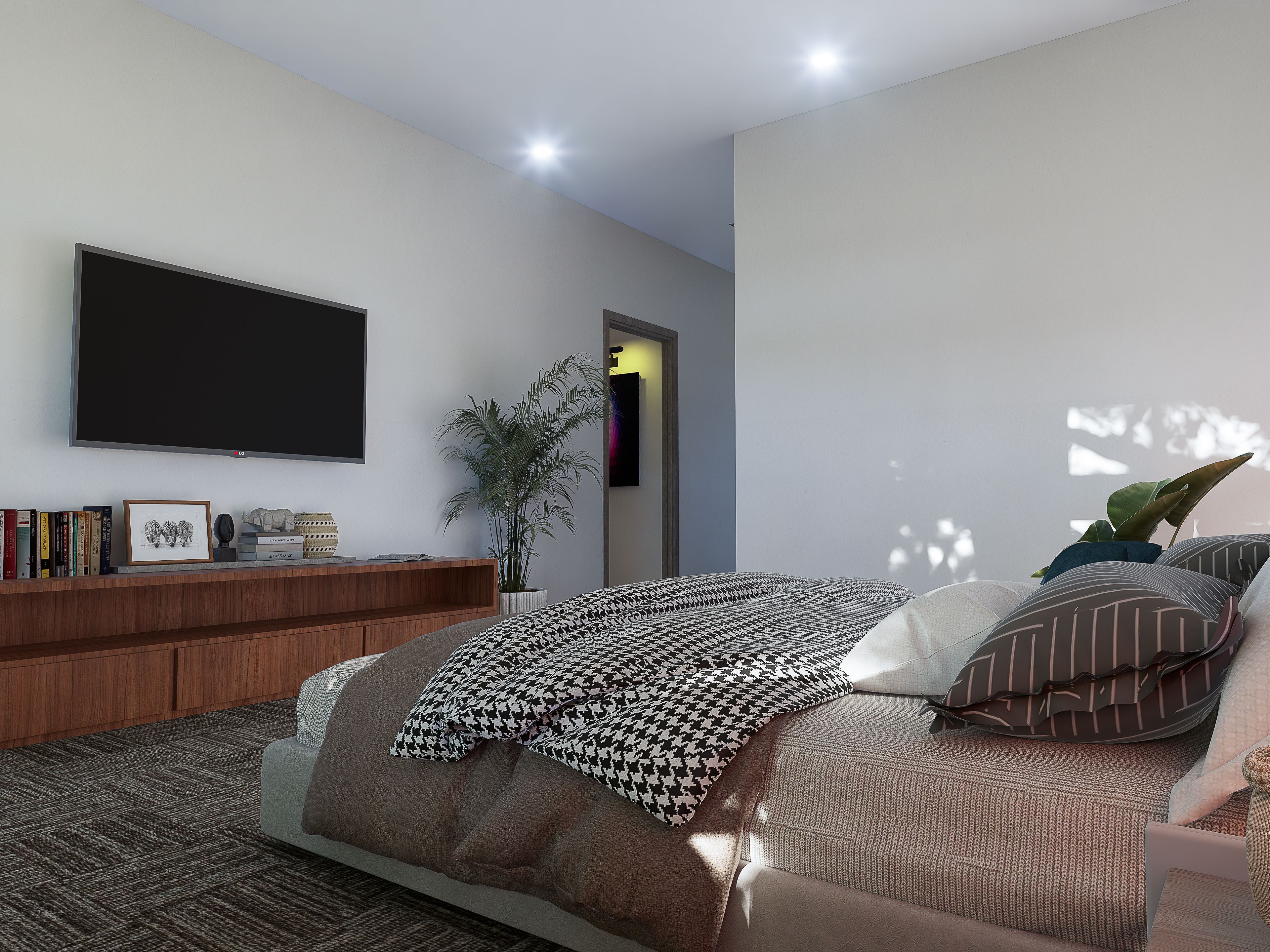 Modern minimalist bedroom interior with TV setup · Free Stock Photo